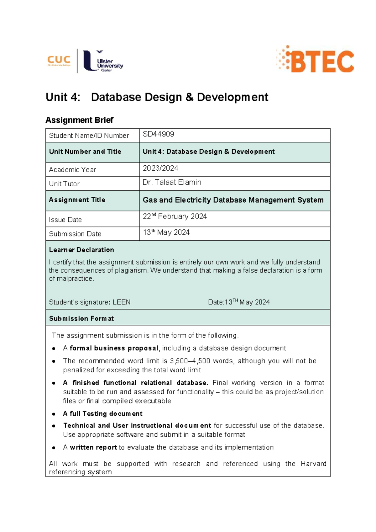 Unit 4 (Database Design & Development) Assignment Brief-2024-1 - Unit 4: Database Design & - Studocu