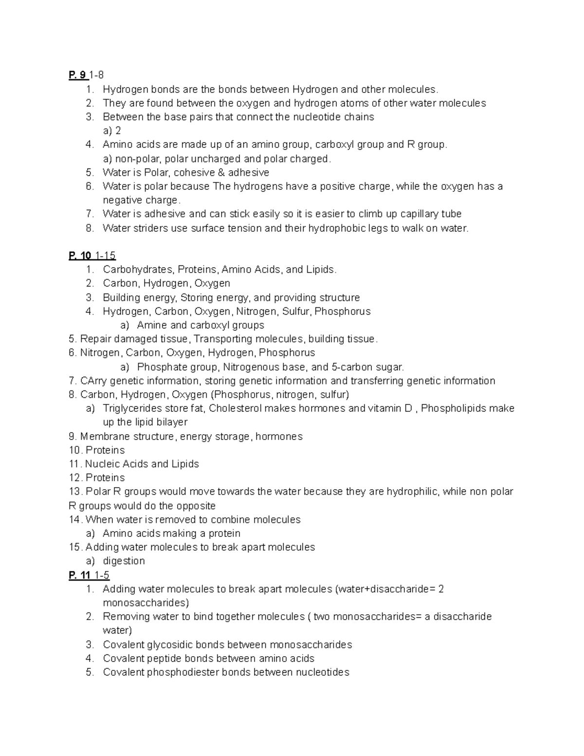 AP Bio Midterm Review - P. 9 1- Hydrogen bonds are the bonds between ...