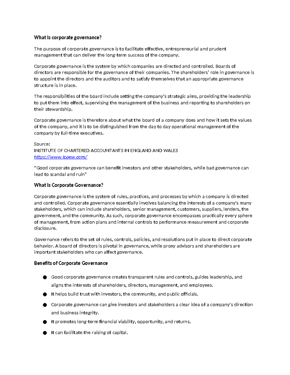 Week 1 - lecture notes - What is corporate governance? The purpose of ...