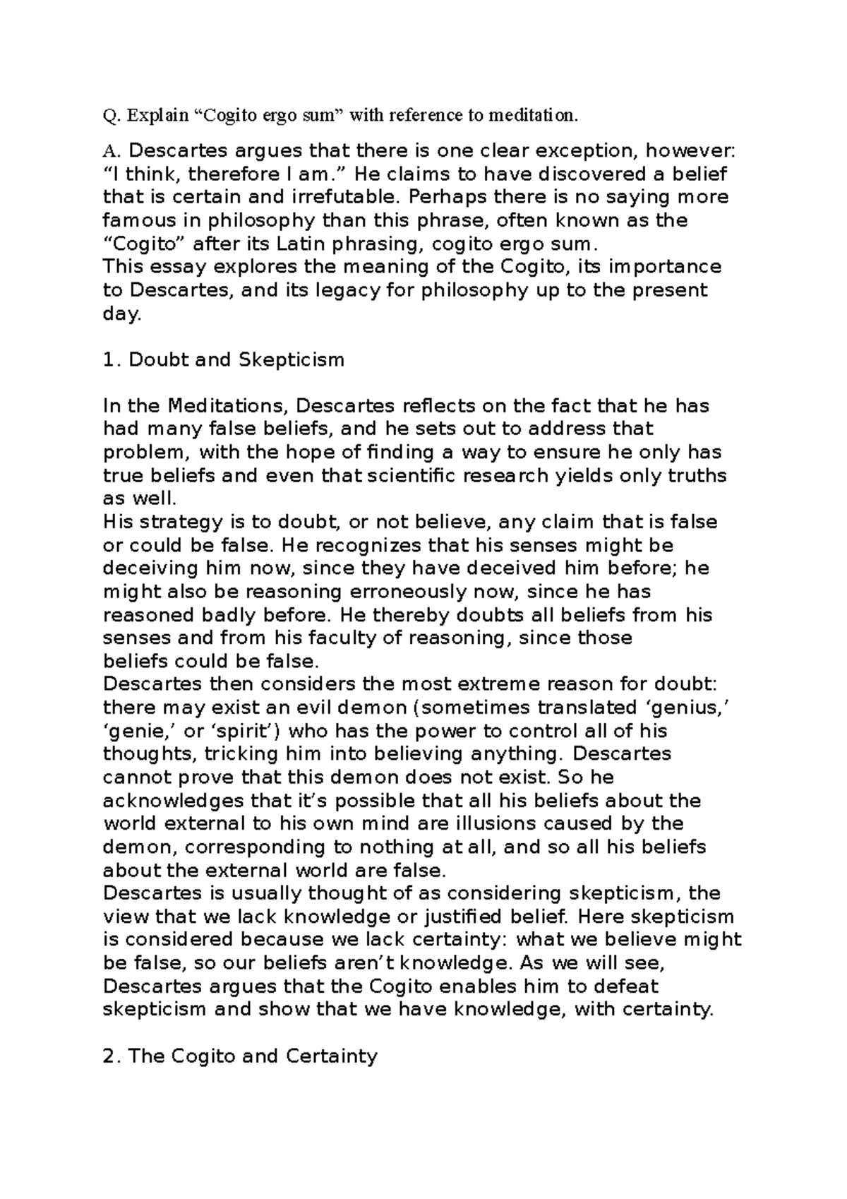 Descartes and Cogito - Q. Explain “Cogito ergo sum” with reference to ...