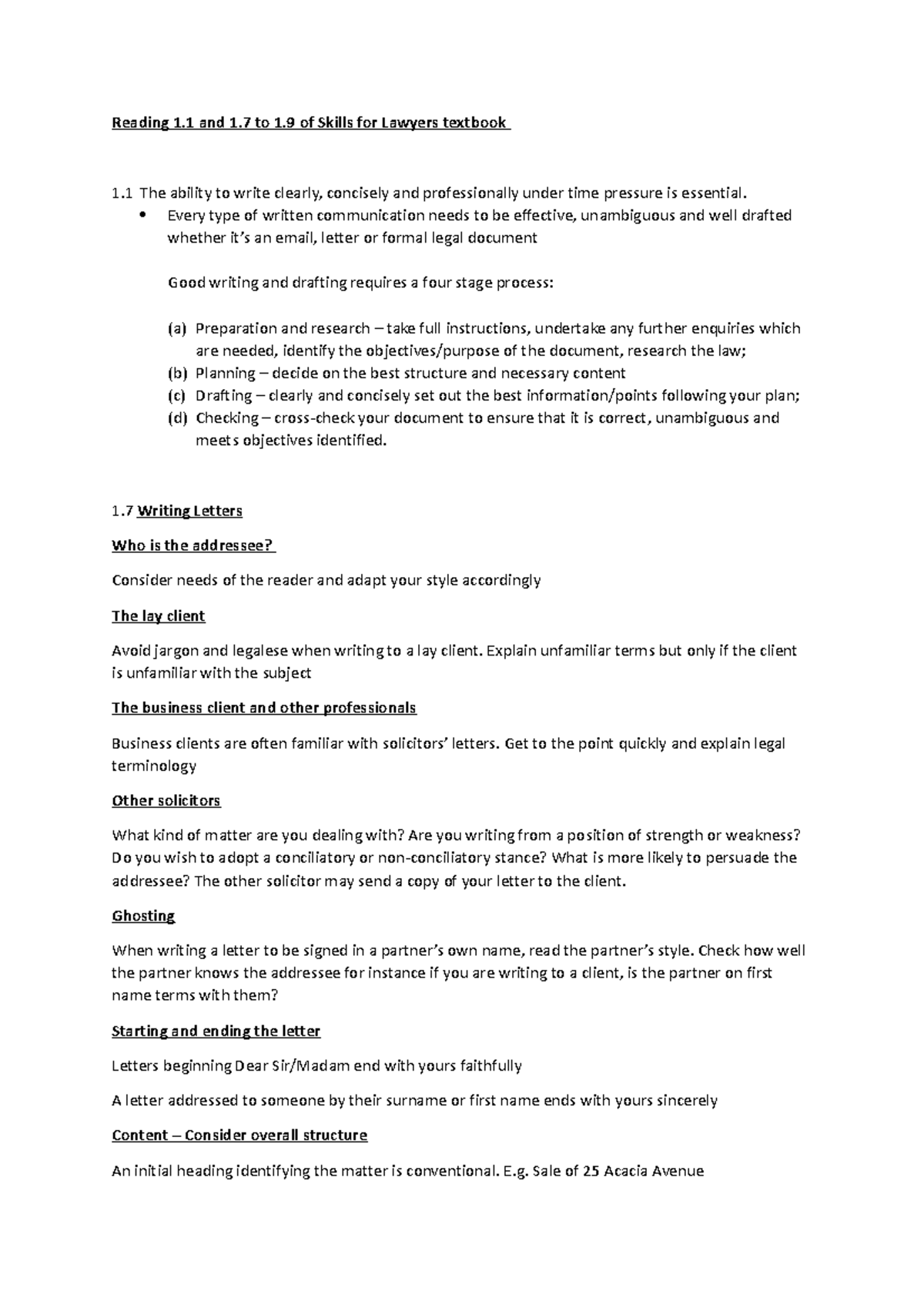 Notes - Reading 1 and 1 to 1 of Skills for Lawyers textbook 1 The ...