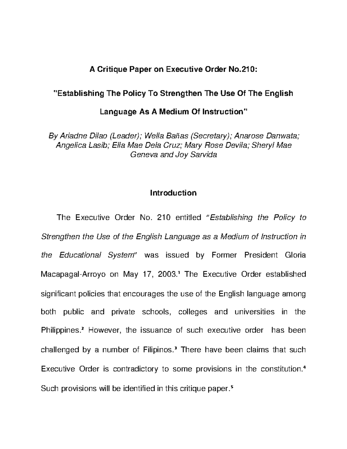 Group 5 ( Critique Paper) - A Critique Paper on Executive Order No ...