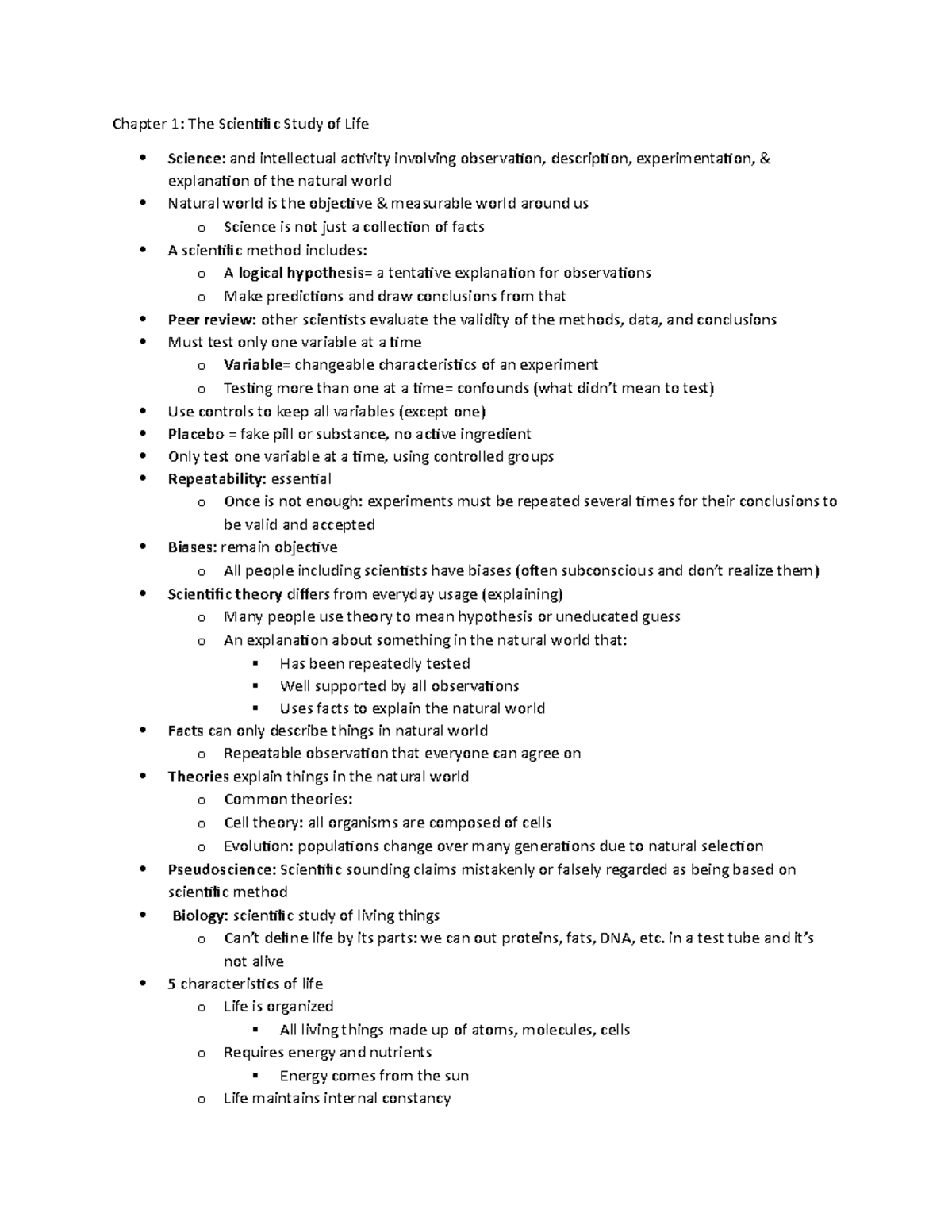 Chapter 1 - notes1 - Chapter 1: The Scientific Study of Life Science ...