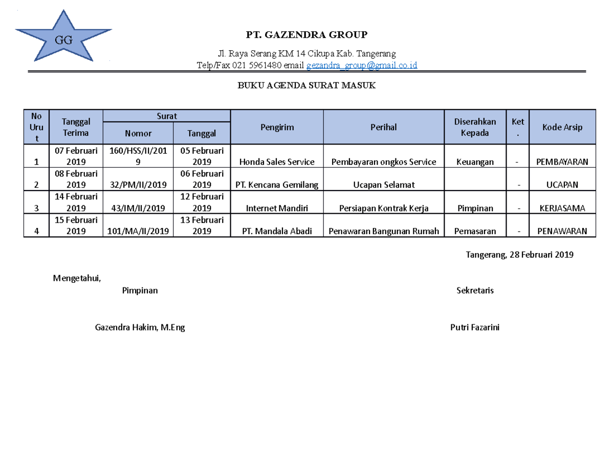 Kluster agenda surat masuk dan surat keluar - PT. GAZENDRA GROUP Jl ...