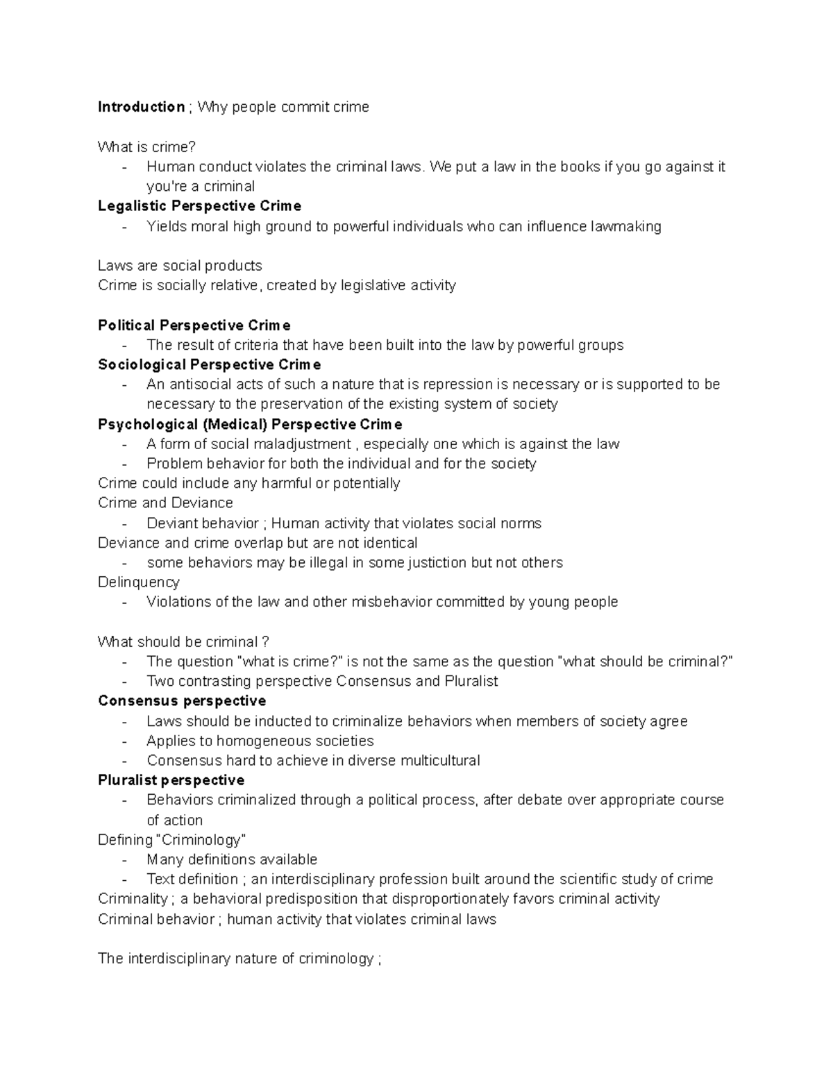 Crim 102 notes 1 - Introduction ; Why people commit crime What is crime ...