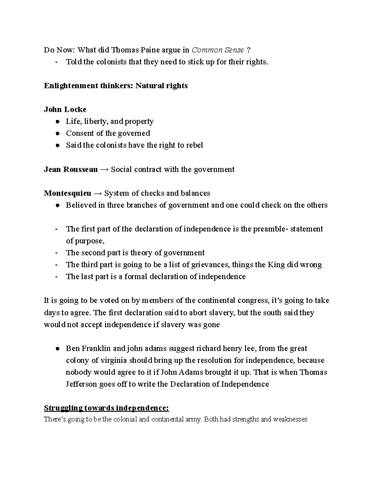 Chapter 6 US History Lecture Notes - Do Now: What did Thomas Paine ...