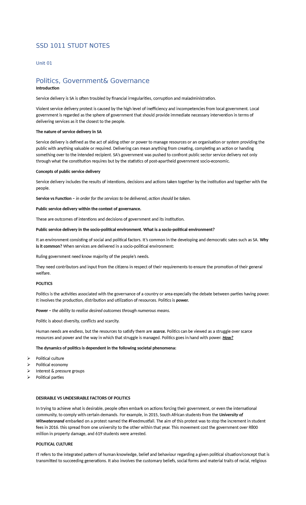 PUBLIC SERVIC DELIVERY Study Notes - SSD 1011 STUDT NOTES Unit 01 ...