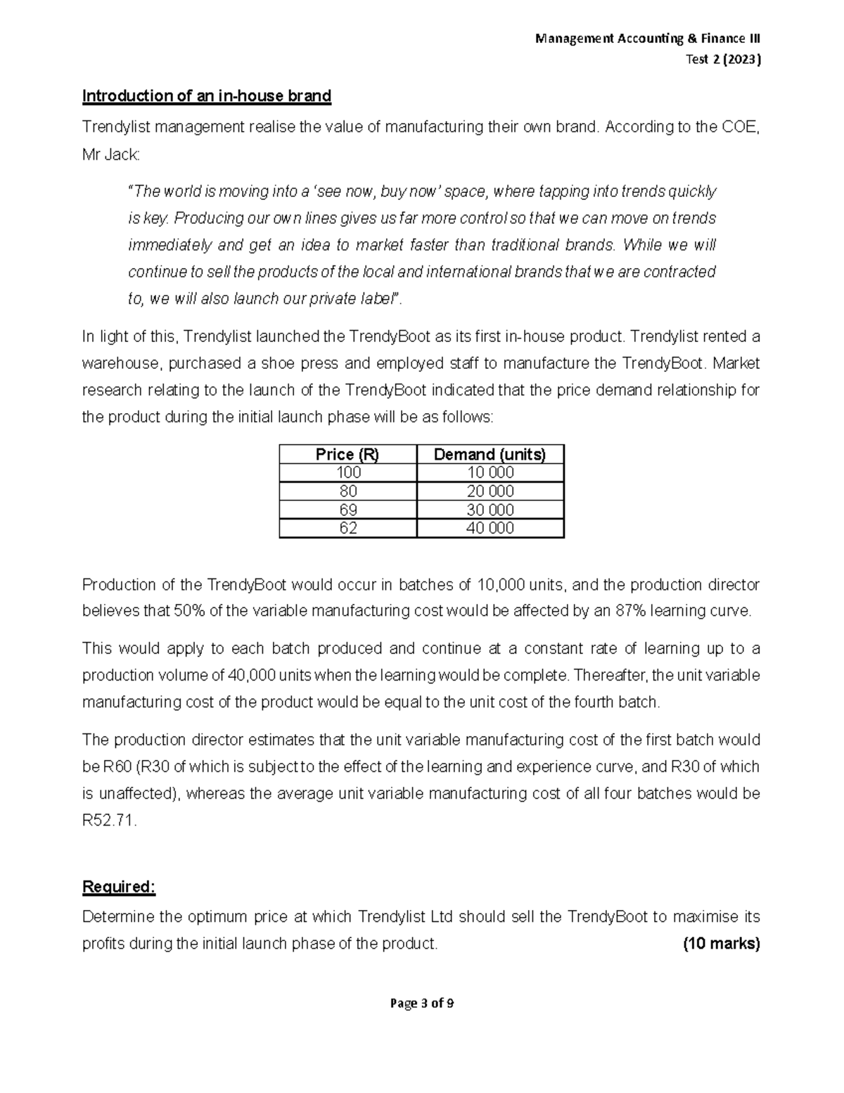 Class tut - Test 2 2023 - Activity - Management AccounƟng & Finance III ...