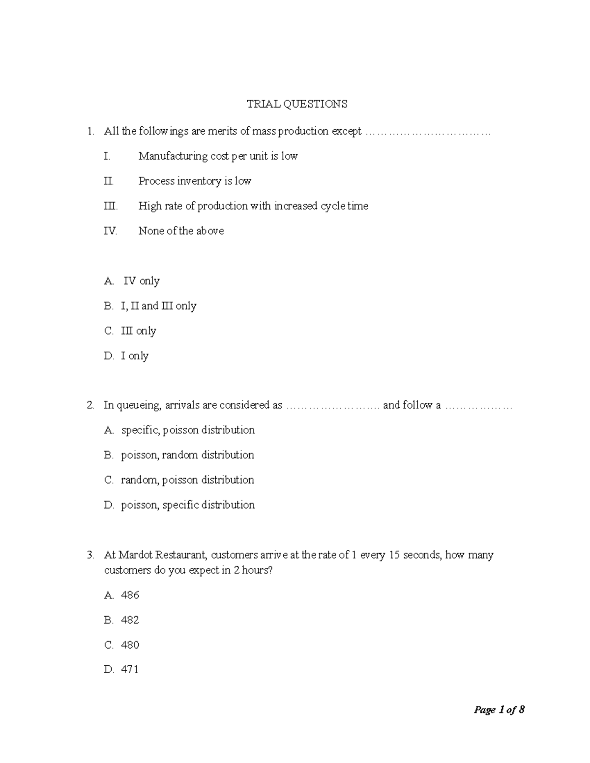 Trial Questions Operations Management - TRIAL QUESTIONS All the ...