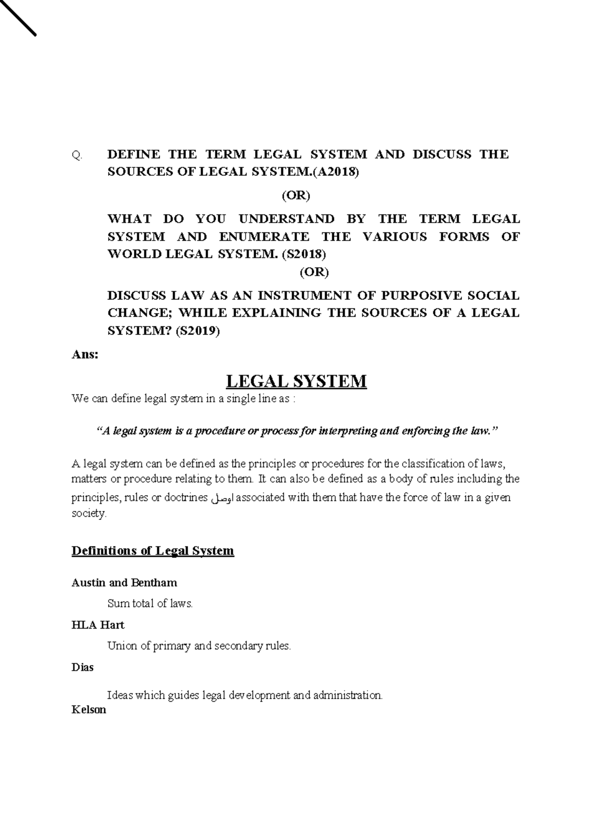 Introduction of Legal Systems notes final - Q. DEFINE THE TERM LEGAL ...
