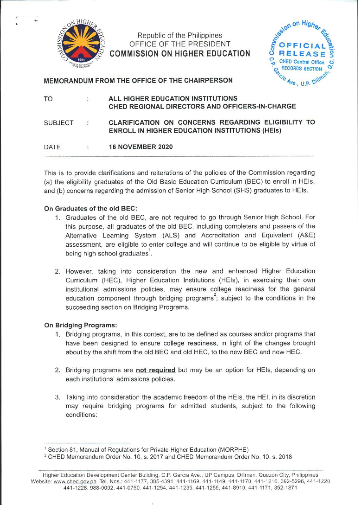 Memorandum from the Office of the Chairperson on the Clarification on ...