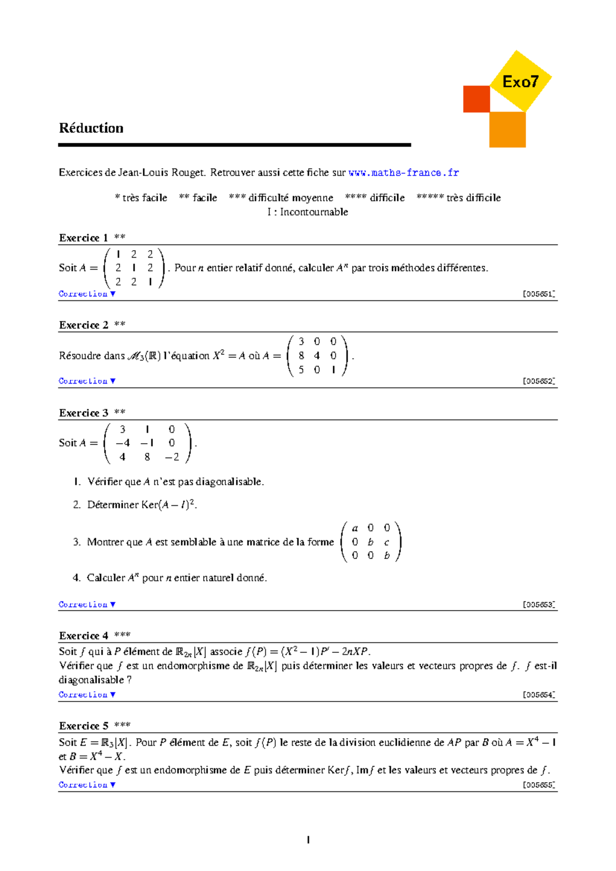 Matrice DIFF - alg 3 - Exo Réduction Exercices de Jean-Louis Rouget. Retrouver aussi cette fiche ...