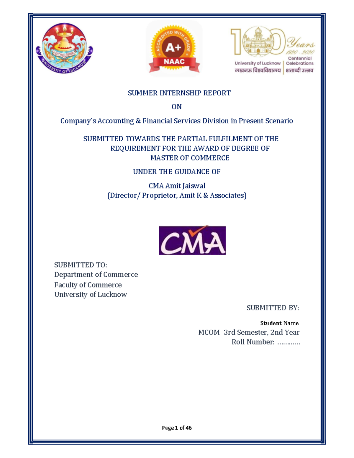 Sample Sip Report - ####### SUMMER INTERNSHIP REPORT ####### ON Company ...