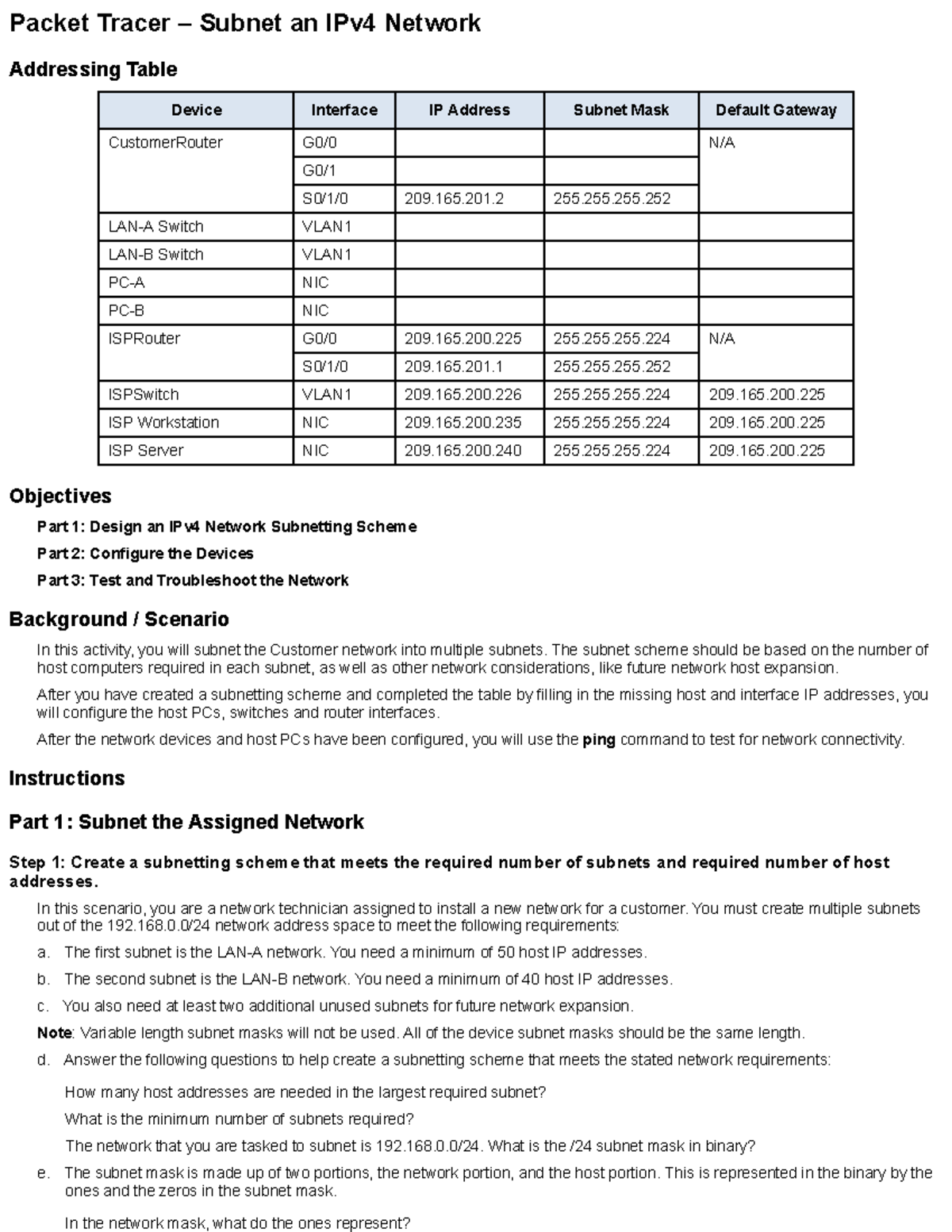 Addressing table - TSEK - Packet Tracer – Subnet an IPv4 Network Addressing Table Device ...