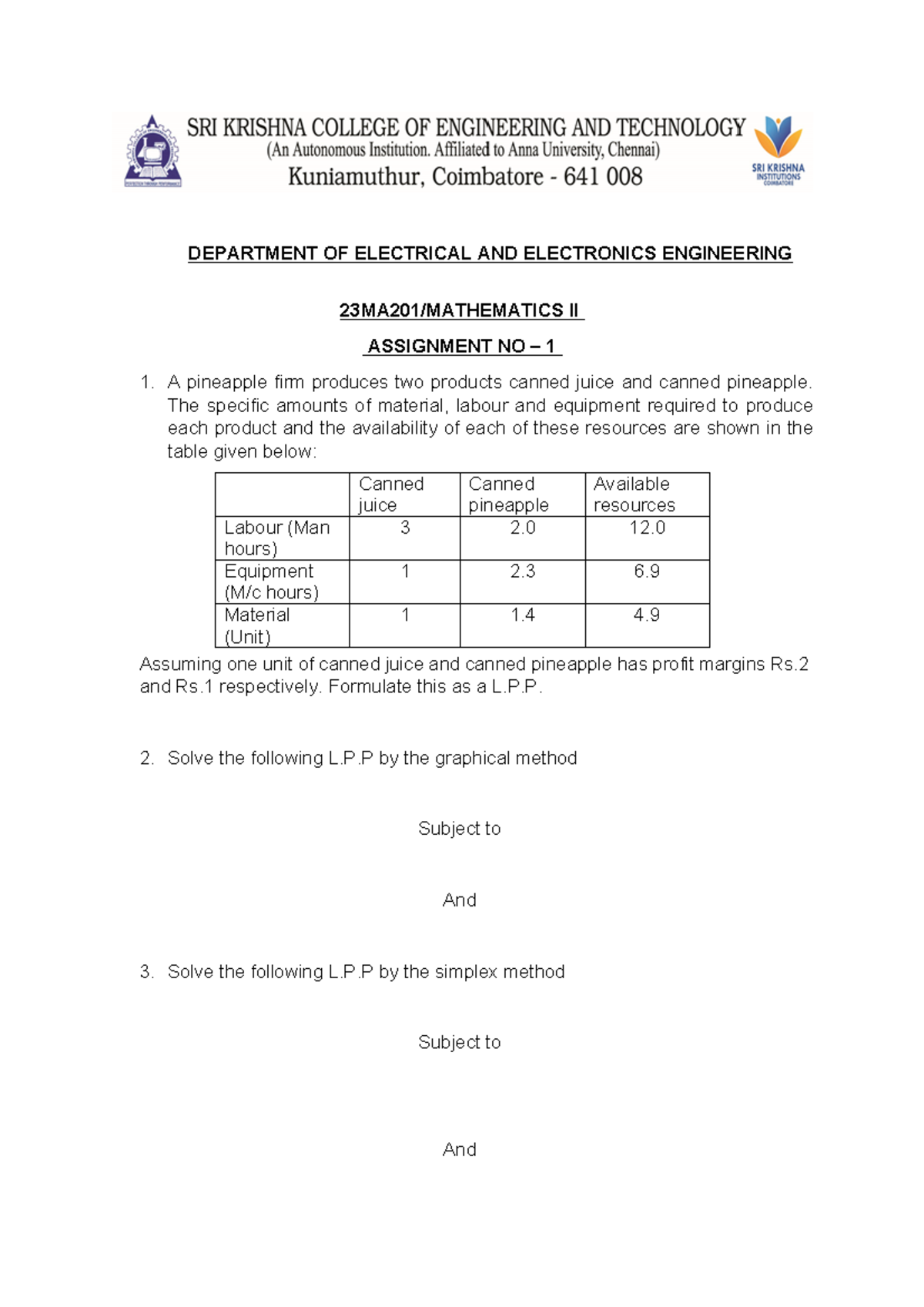 Maths - ok - DEPARTMENT OF ELECTRICAL AND ELECTRONICS ENGINEERING 23 MA 2 01/MATHEMATICS II ...