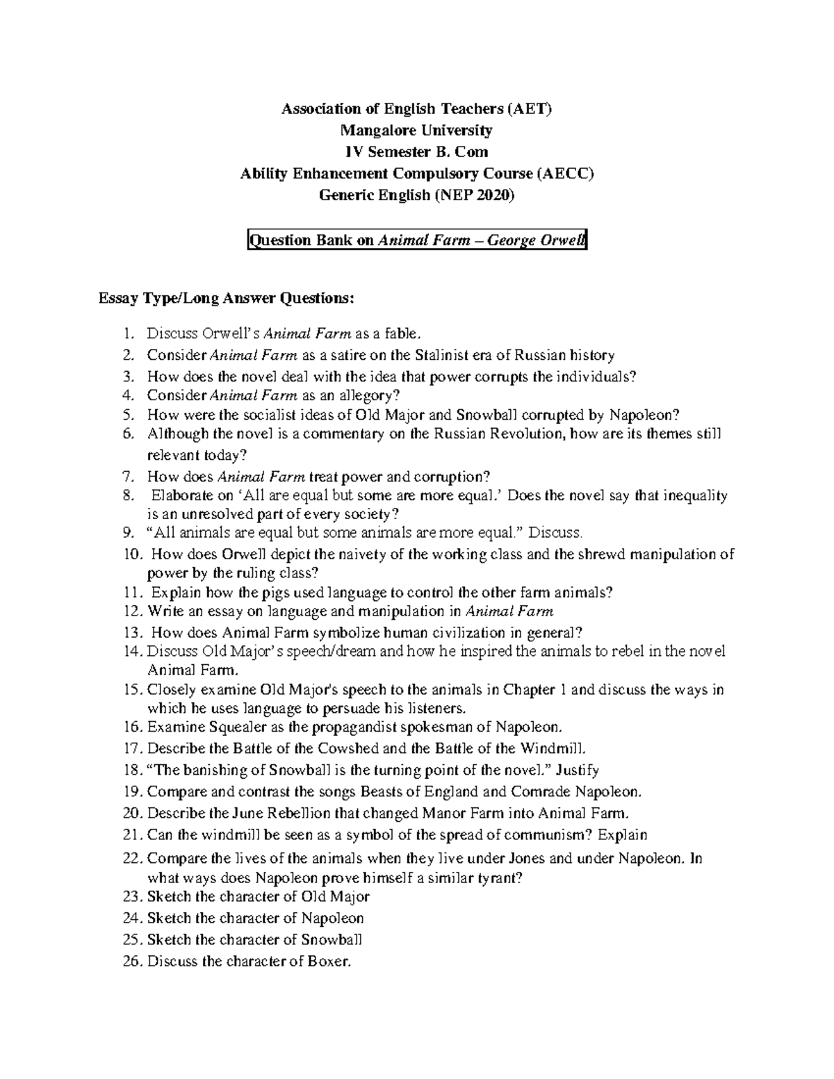 Animal Farm Question Bank AET - Association of English Teachers (AET ...