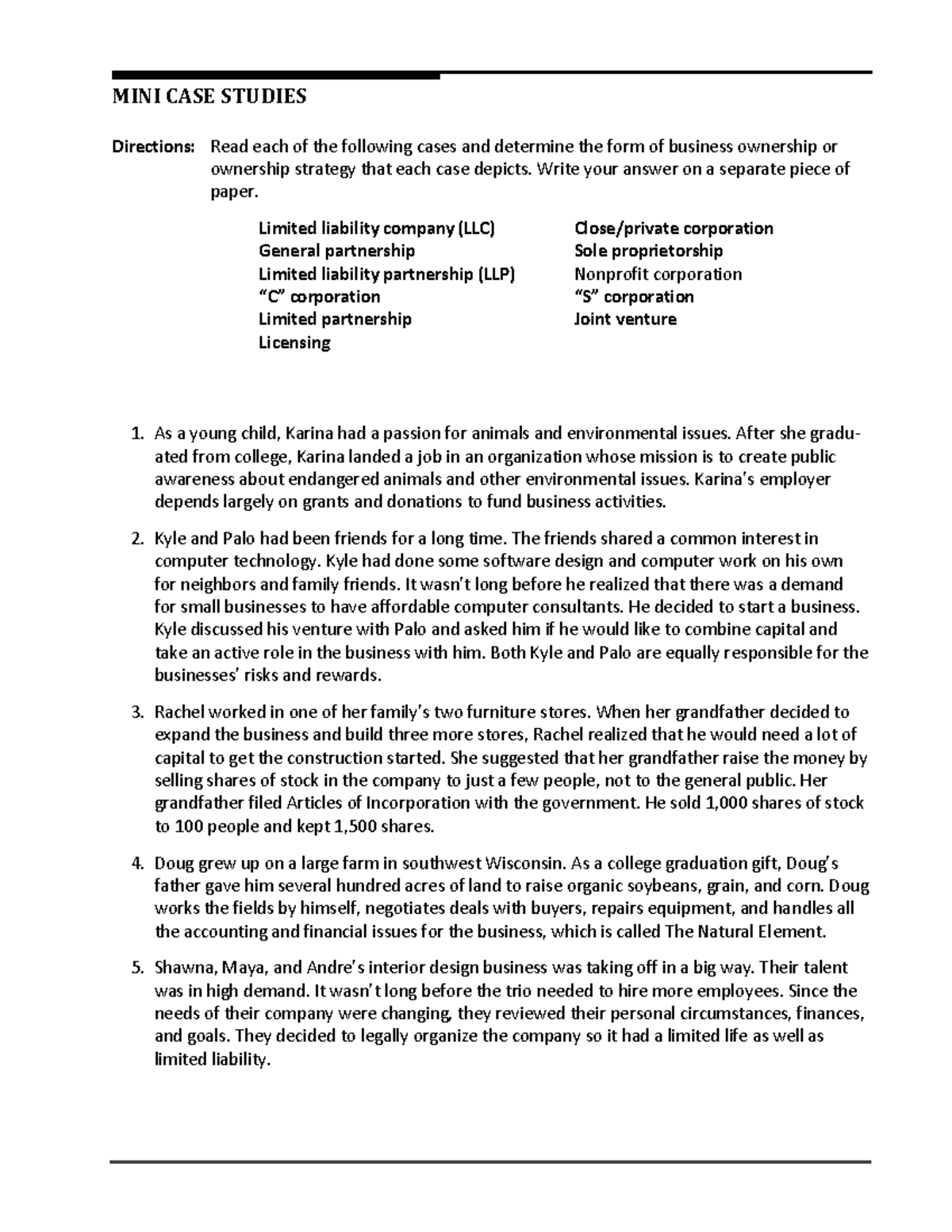 Mini study form of Firms Q - MINI CASE STUDIES Directions: Read each of ...