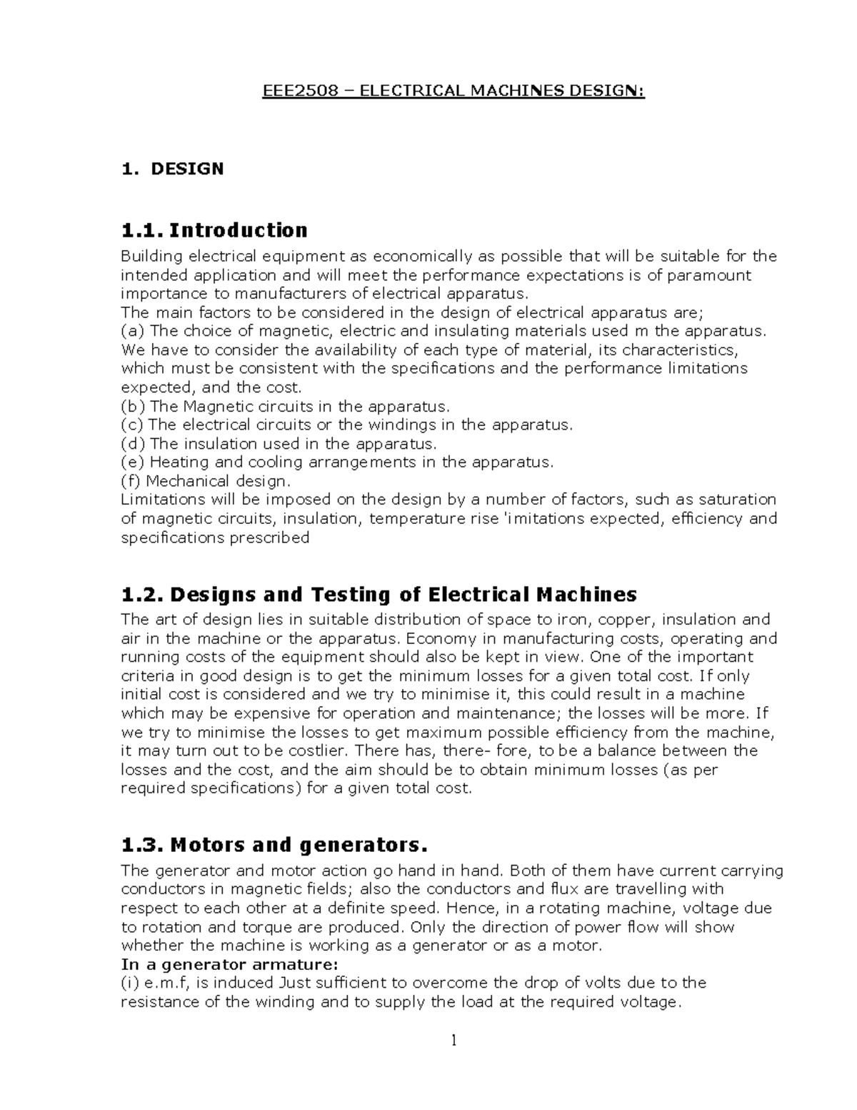 Notes - EEE2508 – ELECTRICAL MACHINES DESIGN: DESIGN ####### 1 ...