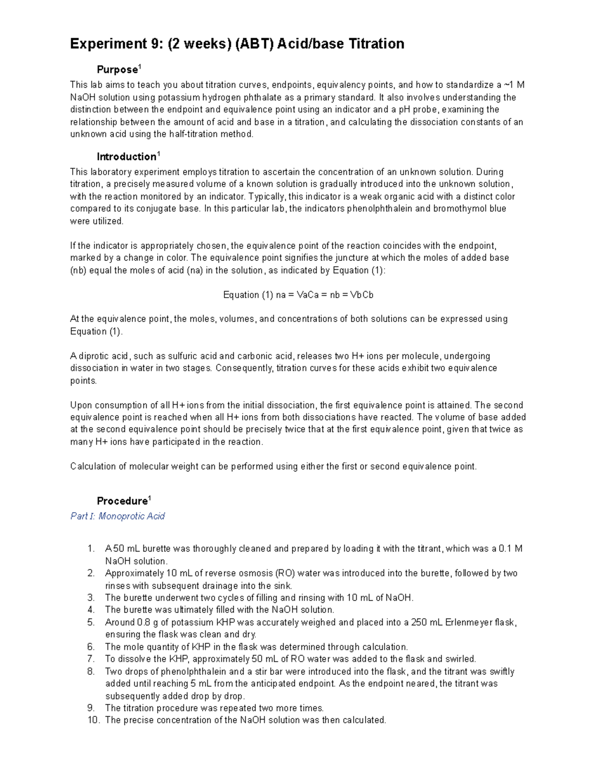 Acid base Titration - Lab report - Experiment 9: (2 weeks) (ABT) Acid ...