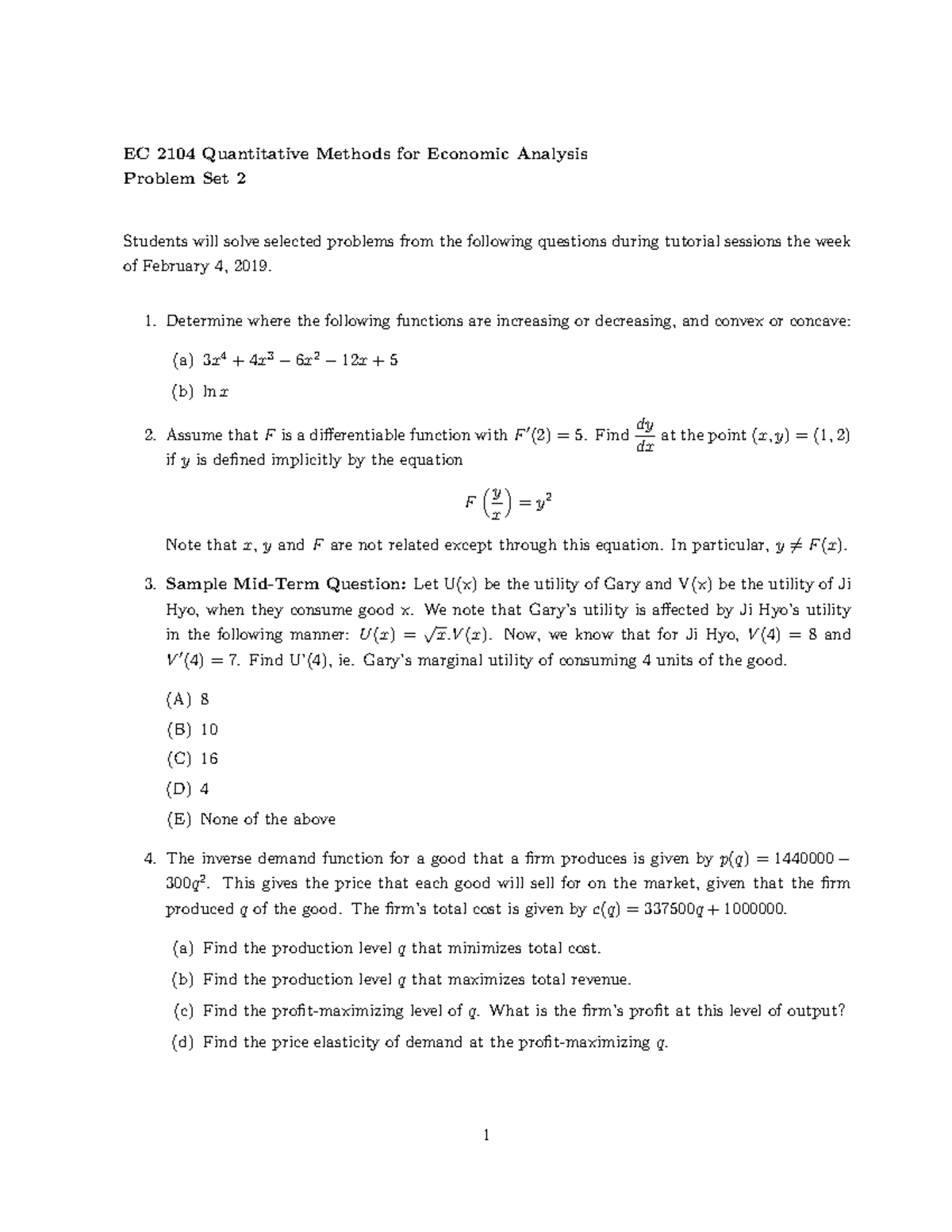 Problem Set 2 - EC 2104 Quantitative Methods for Economic Analysis ...