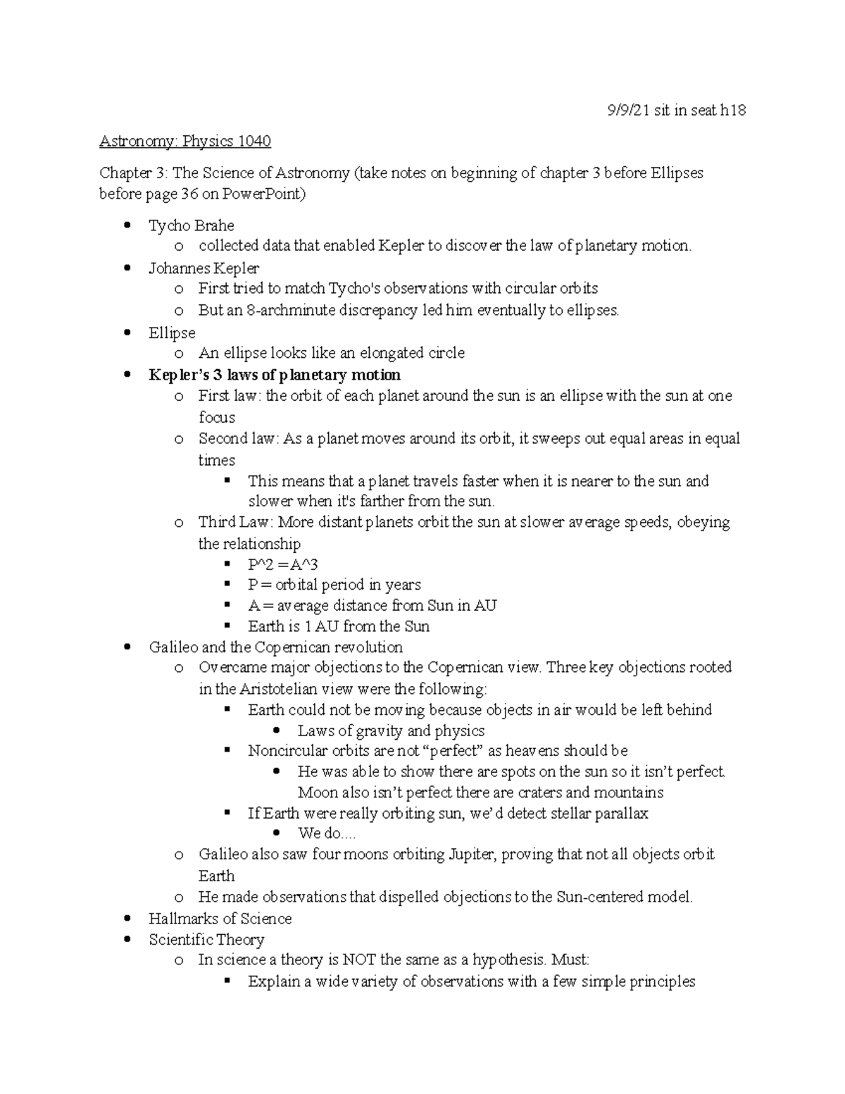 Astronomy Chapter 3 - 9/9/21 sit in seat h Astronomy: Physics 1040 ...