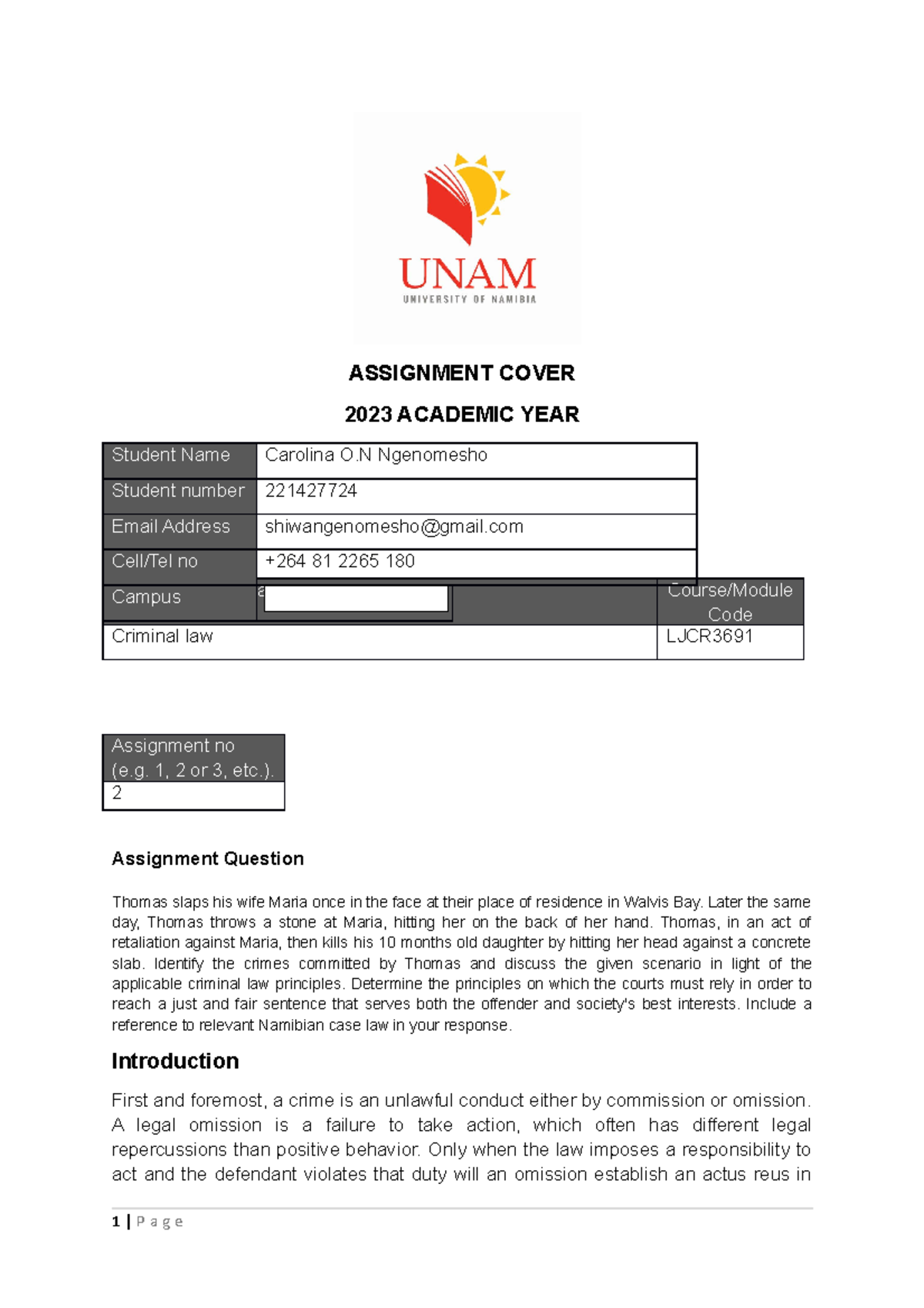 Assignment 2 final - ASSIGNMENT COVER 2023 ACADEMIC YEAR Course/Module Name Course/Module Code ...