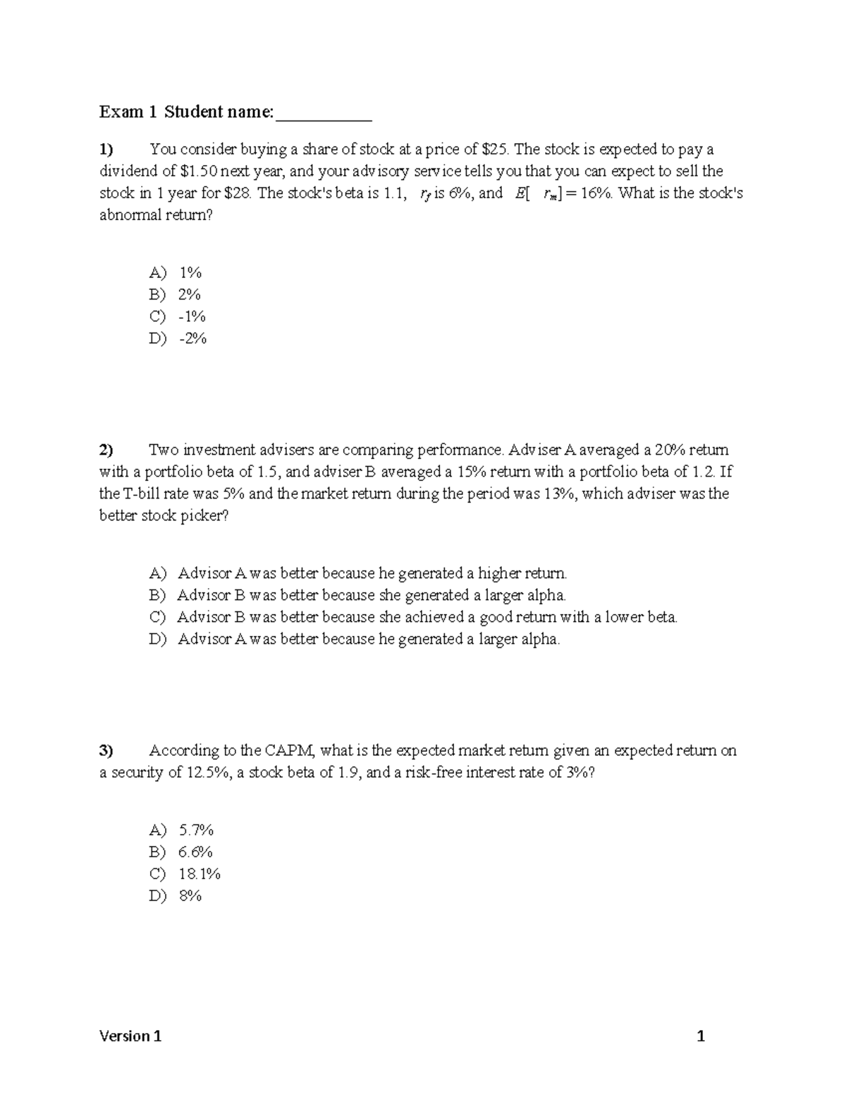 Test 1 2022 version 1 - test - Exam 1 Student name:__________ You ...