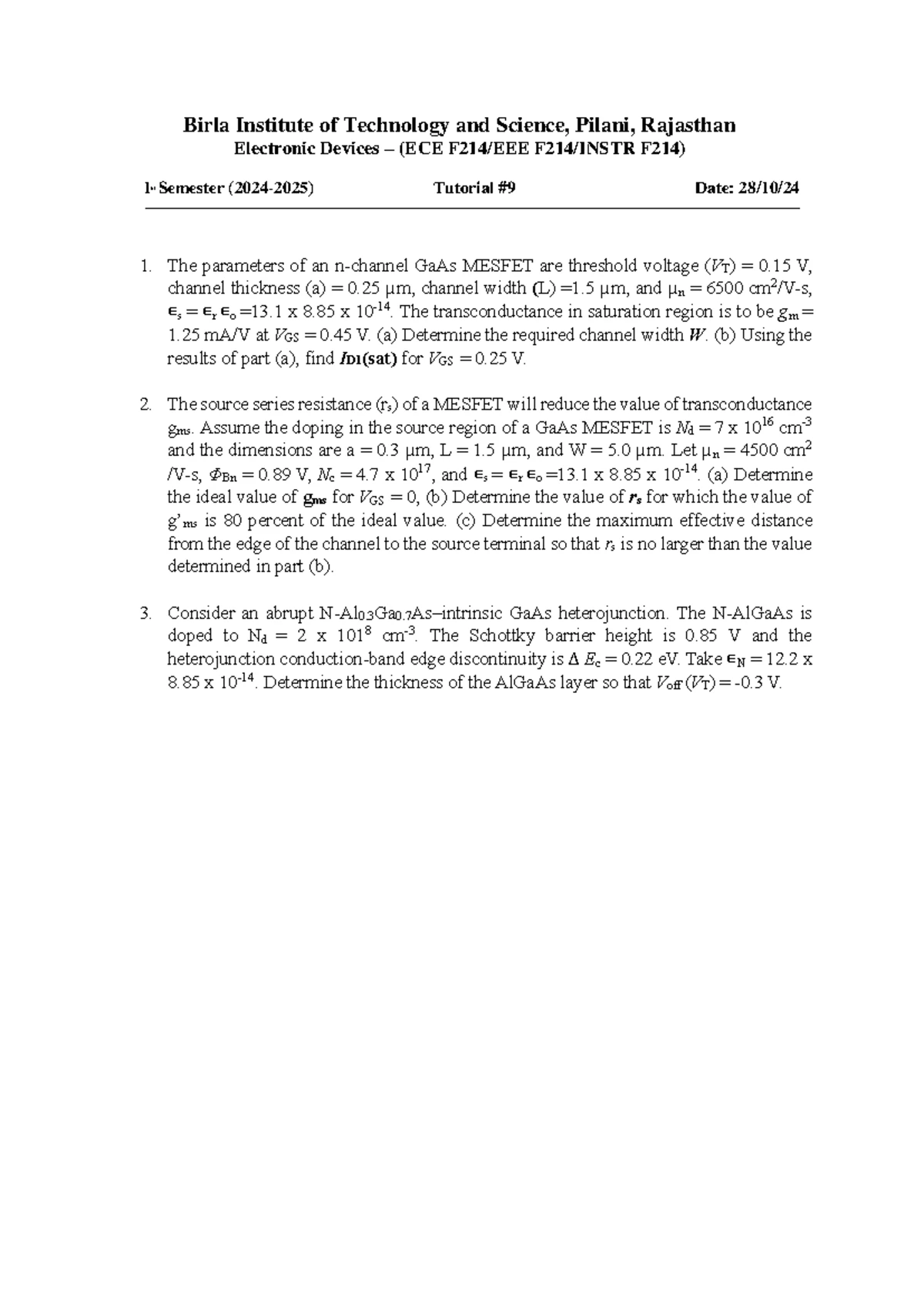 Tutorial 11 Problems - tut sheet 11 - BIRLA INSTITUTE OF TECHNOLOGY AND ...