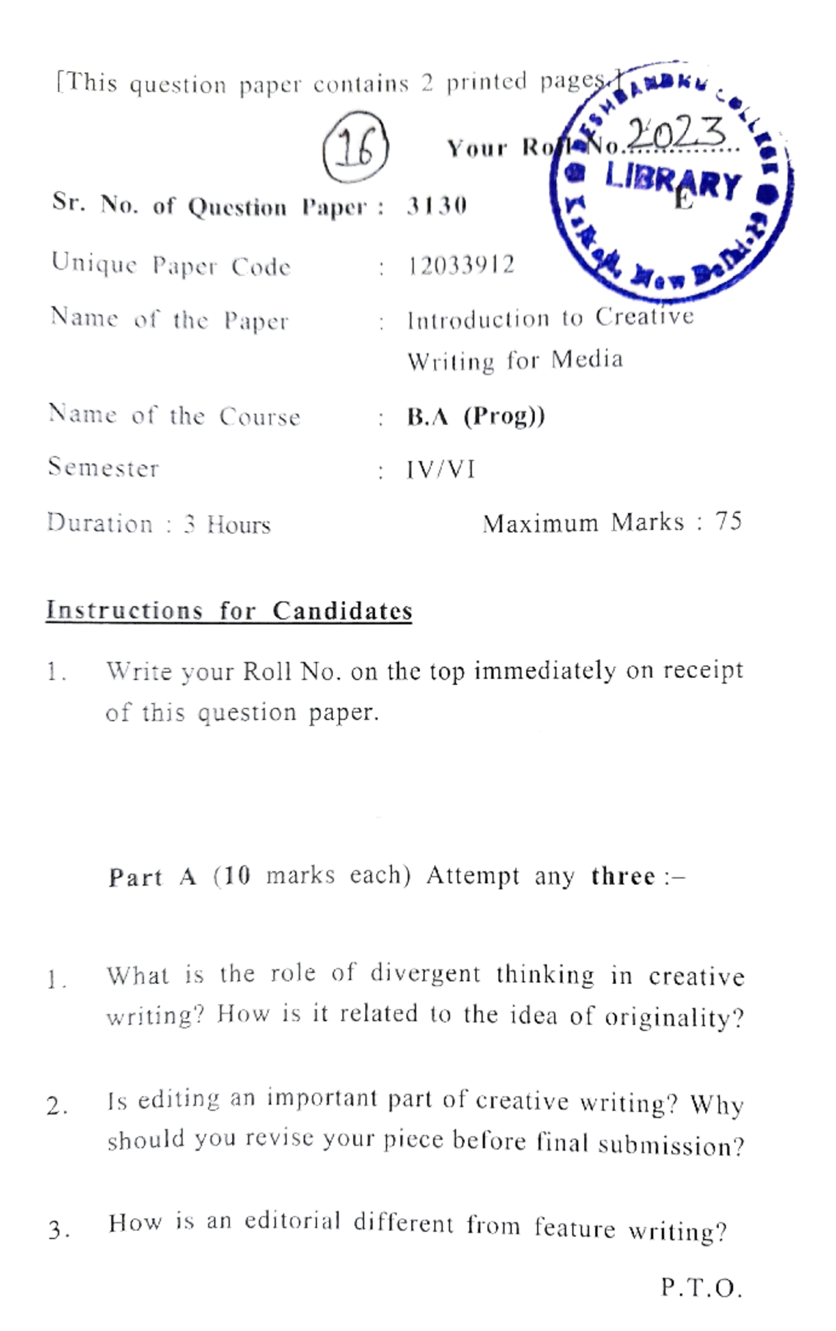 B.A. (Prog.) English 6th Semester-2023 - (This question paper contains 2 printed pagesku Unique ...