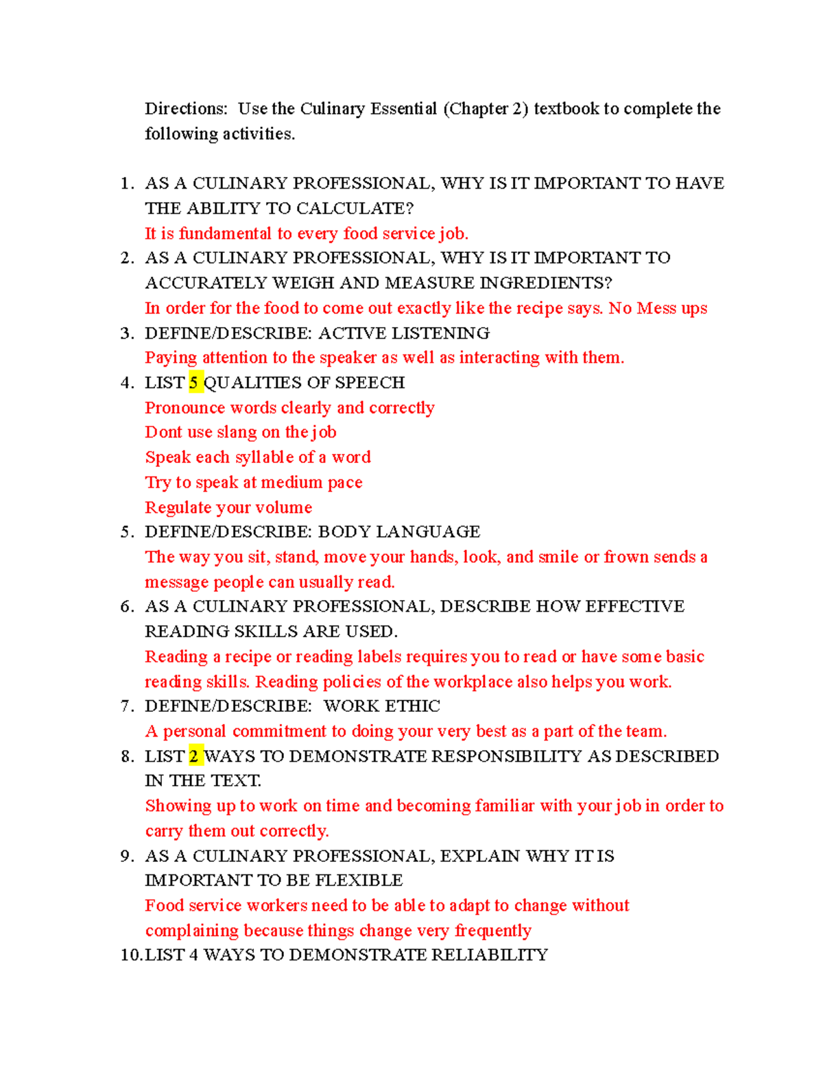 Culinary Essentials chapter 2 - Directions: Use the Culinary Essential ...