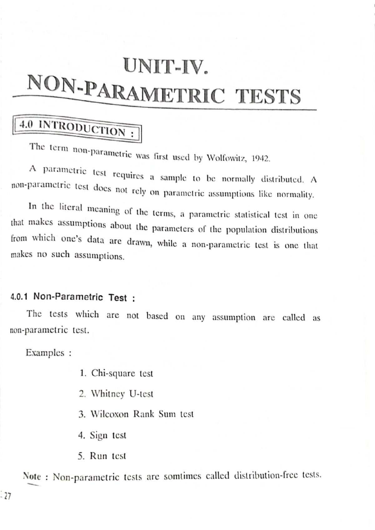 Unit 4 non-parametric tests - TESTS 4 INTRODUCTION : The term was first ...