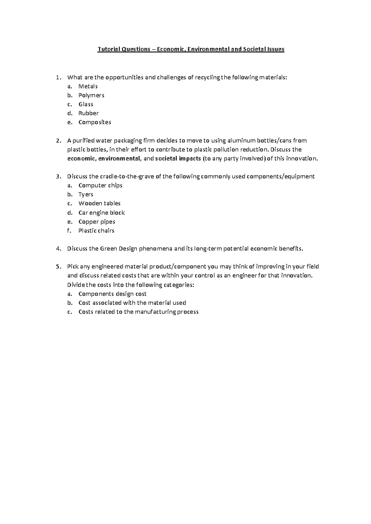 Tutorial Questions – Economic, Environmental and Societal Issues ...