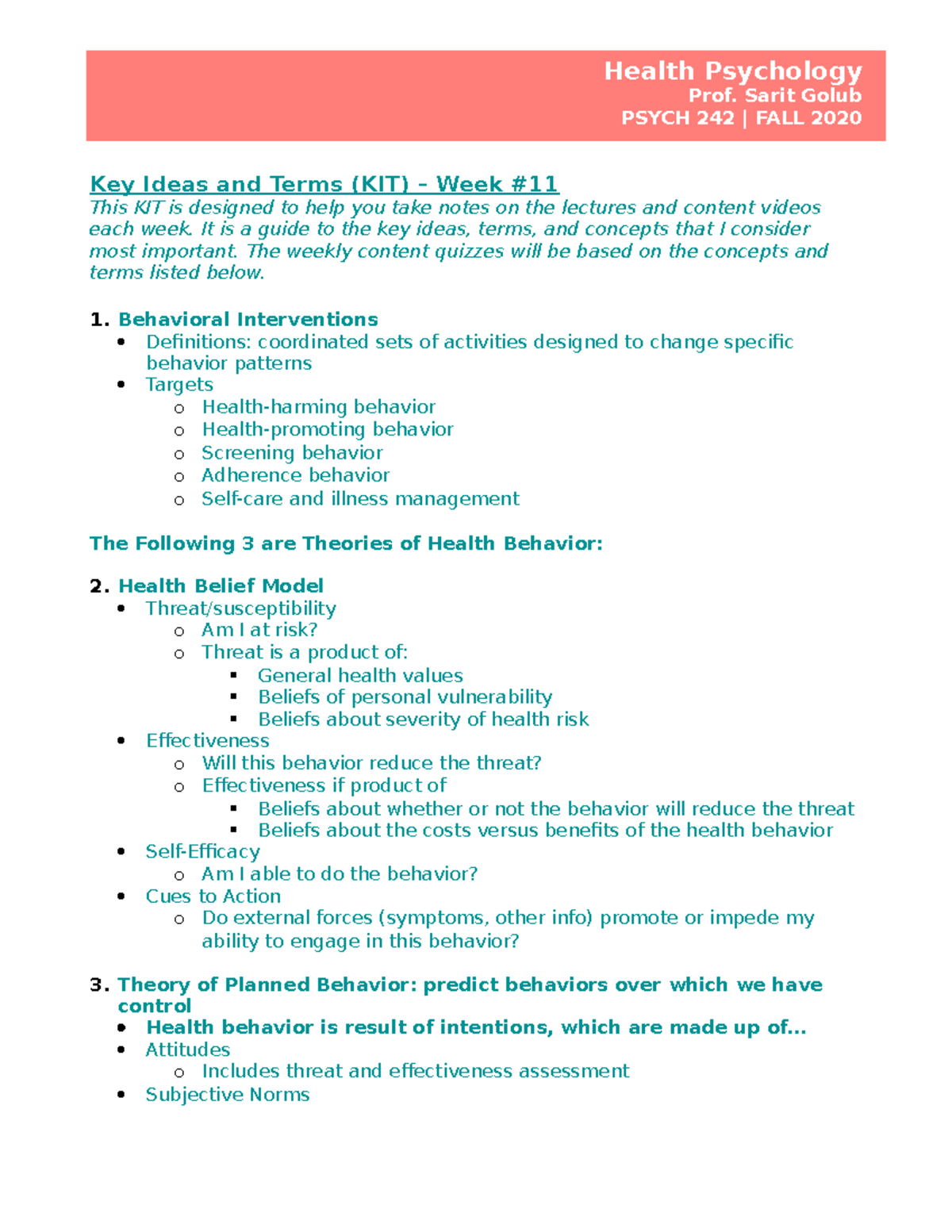 KIT-Week 11 - KIT-Week 11 - Health Psychology Prof. Sarit Golub PSYCH ...