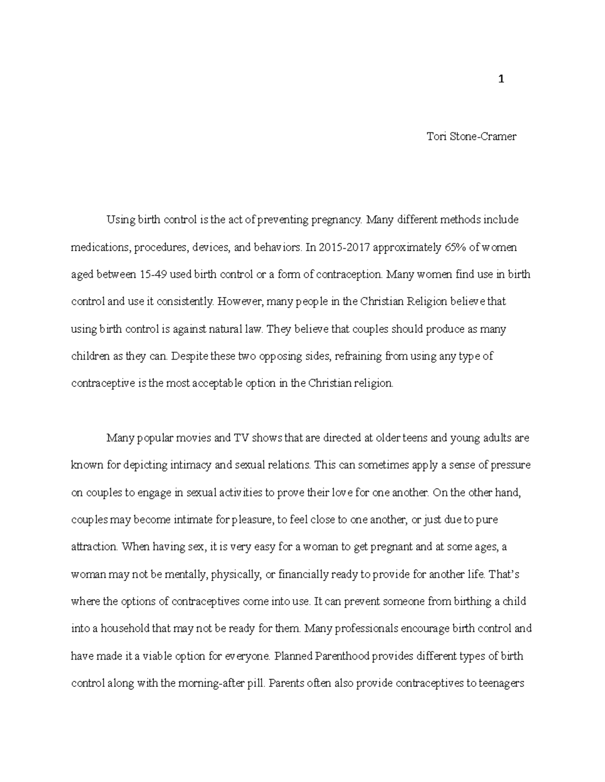 Birth Control - Ethical Debate - 1 Tori Stone-Cramer Using birth ...