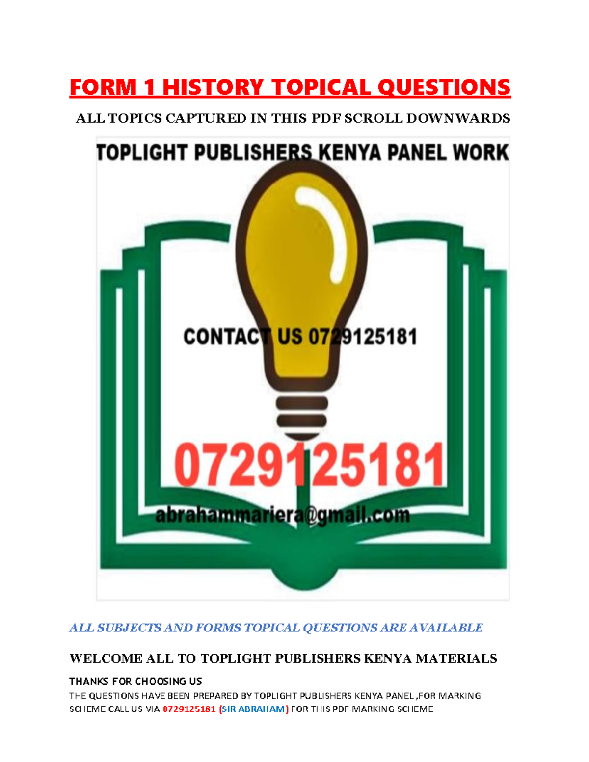 FORM 1 History Topical Questions - THE QUESTIONS HAVE BEEN PREPARED BY ...