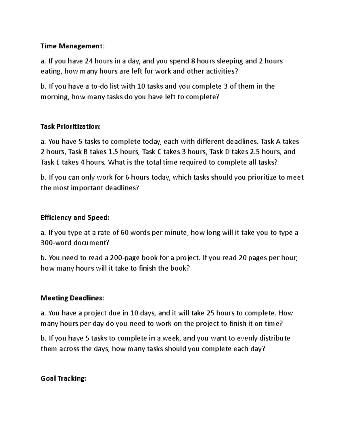 Productivity Practice Maths - Time Management: a. If you have 24 hours ...