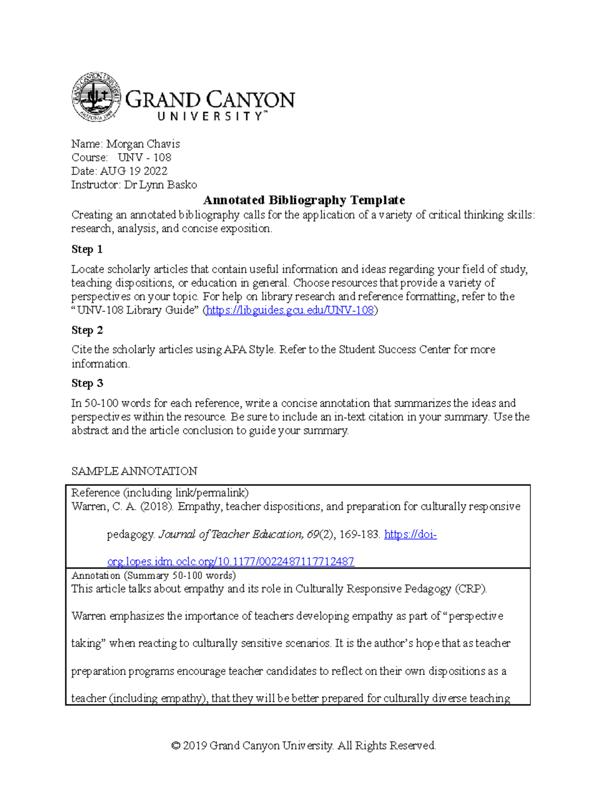 Annotated Bibliography Template - Name: Morgan Chavis Course: UNV - 108 ...
