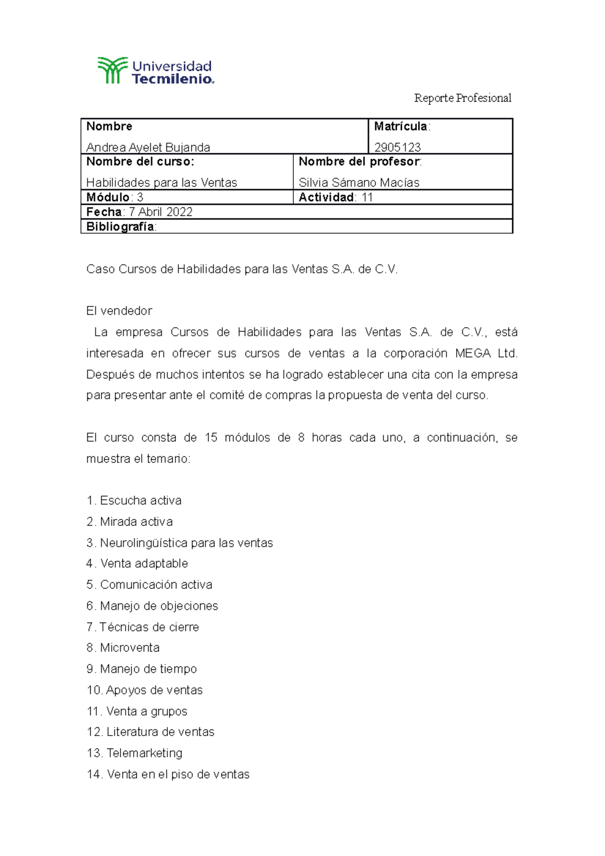 Actividad 11 Habilidades para las ventas - Nombre Andrea Ayelet Bujanda ...