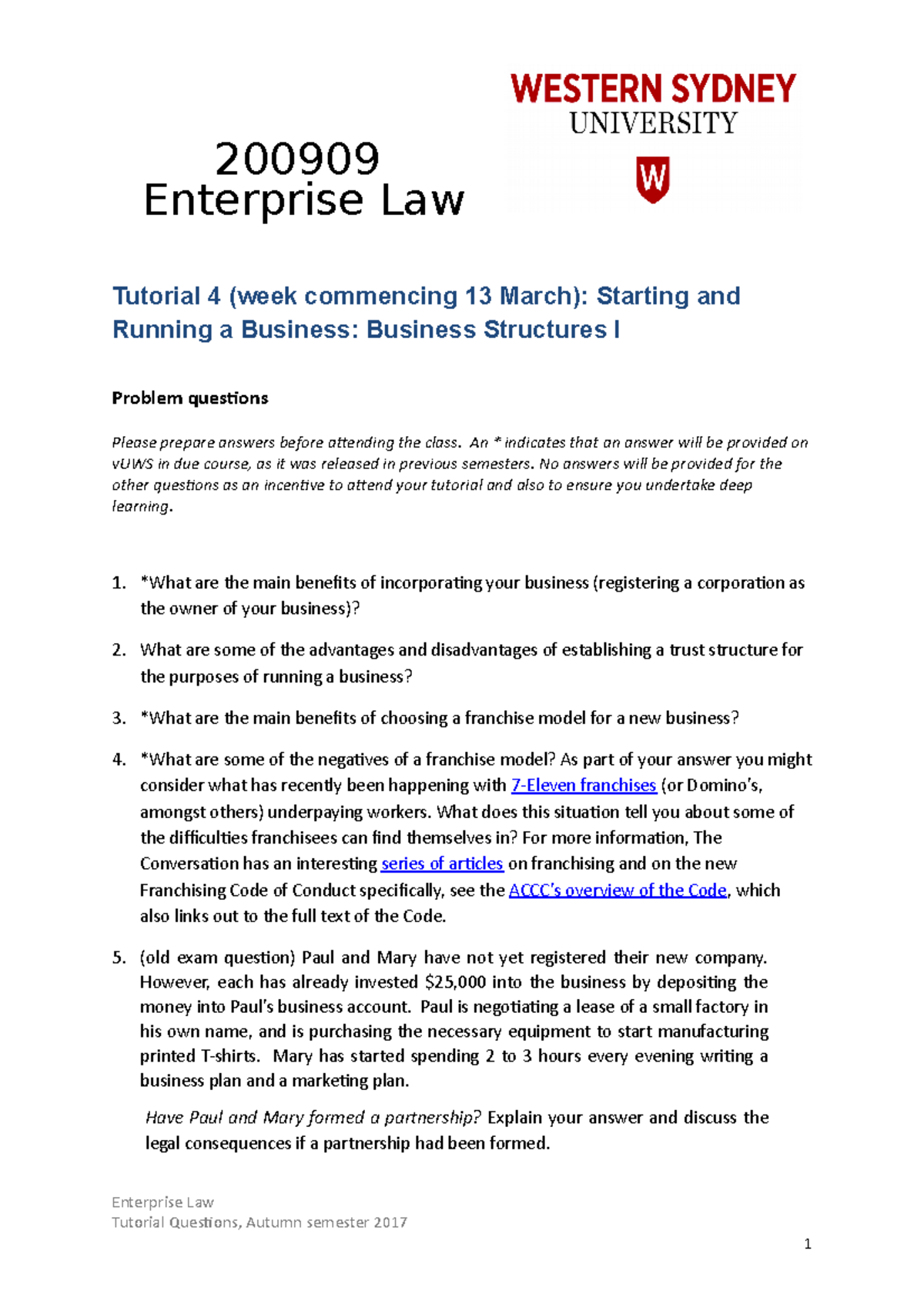 Tutorial 4 Business Structures - 200909 Enterprise Law Tutorial 4 (week ...