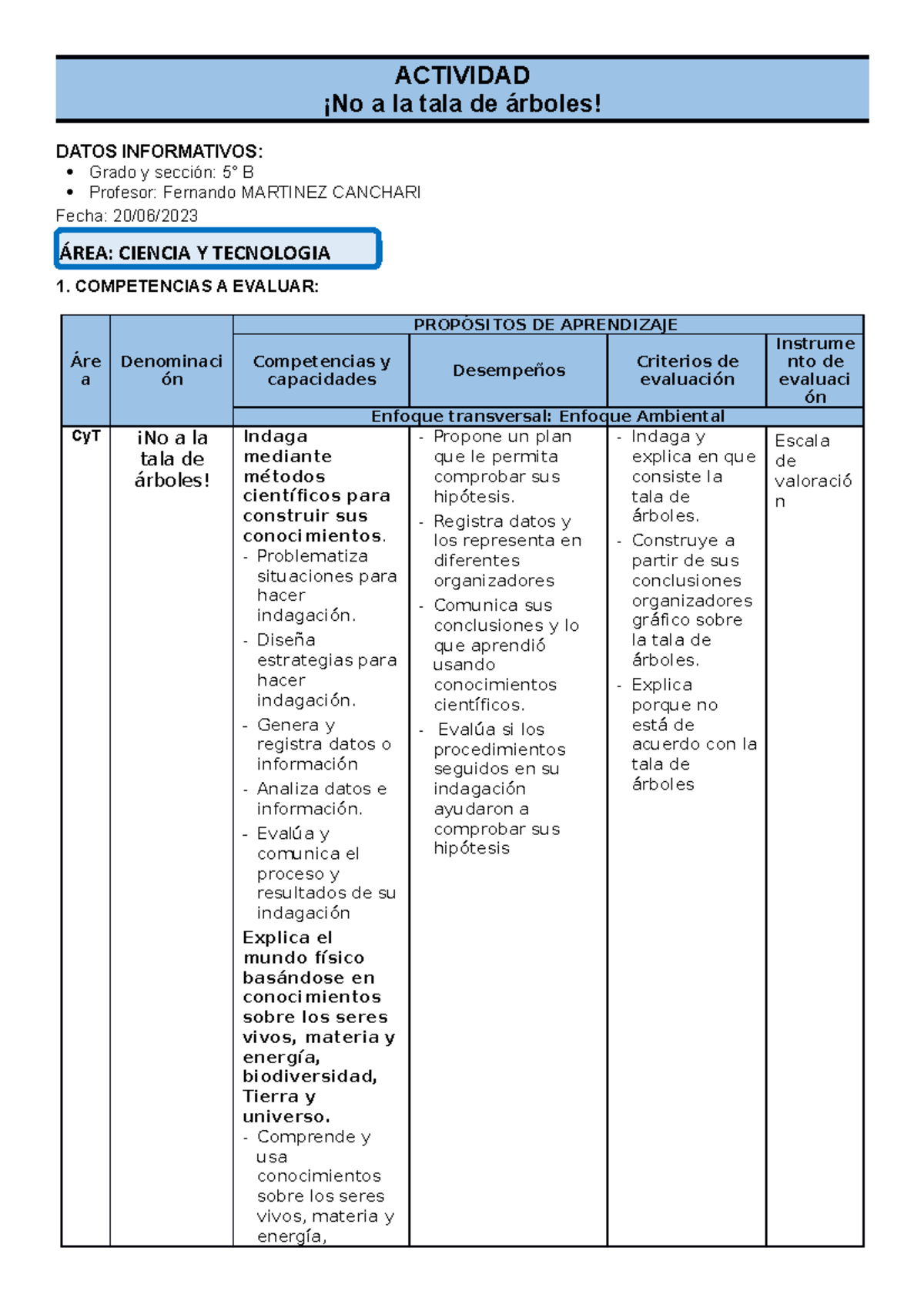 Actividad ciencia 20 junio - ACTIVIDAD ¡No a la tala de árboles! DATOS ...
