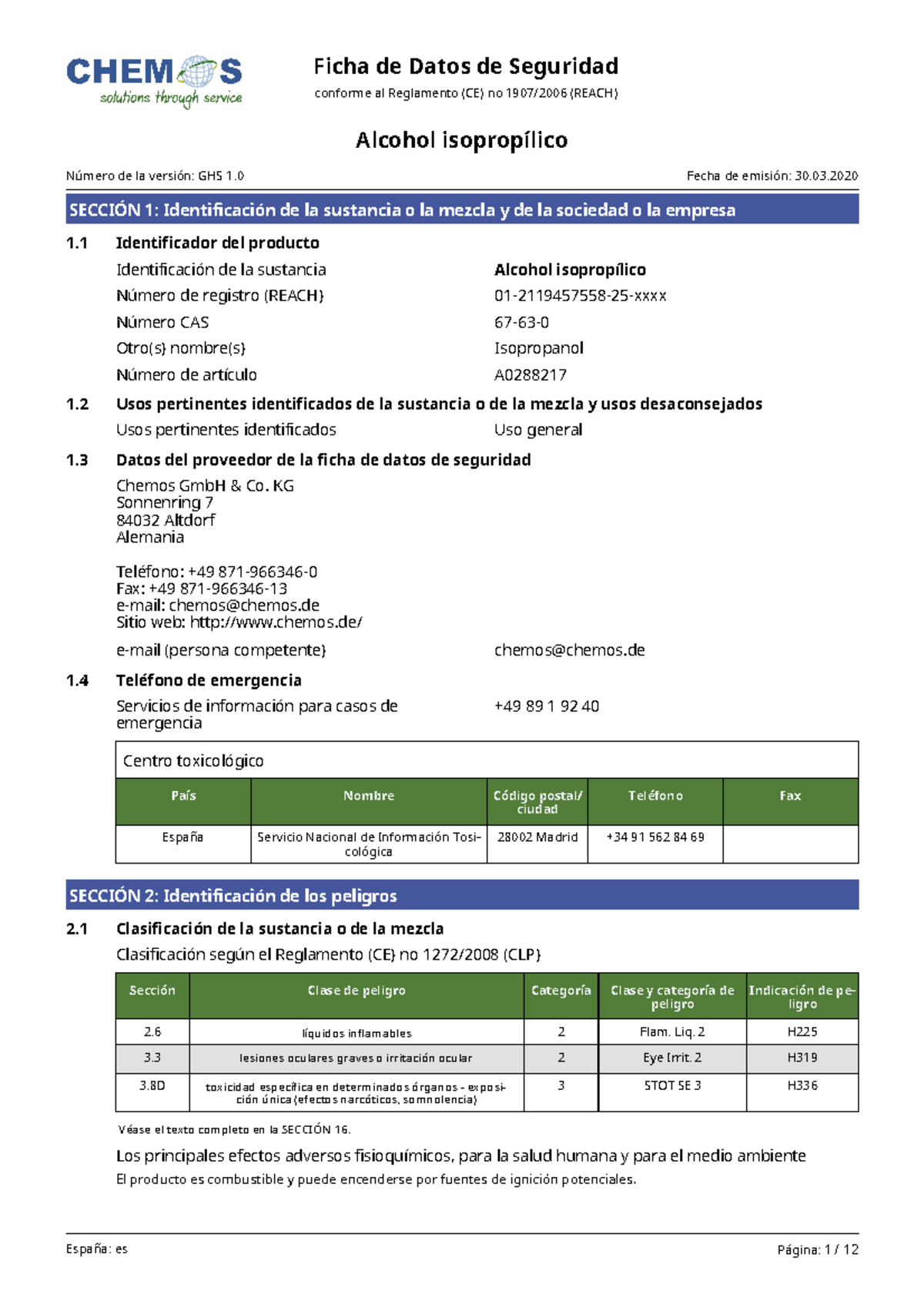 Alcohol Isopropilico - Hoja de seguridad - SECCIÓN 1: Identificación de ...