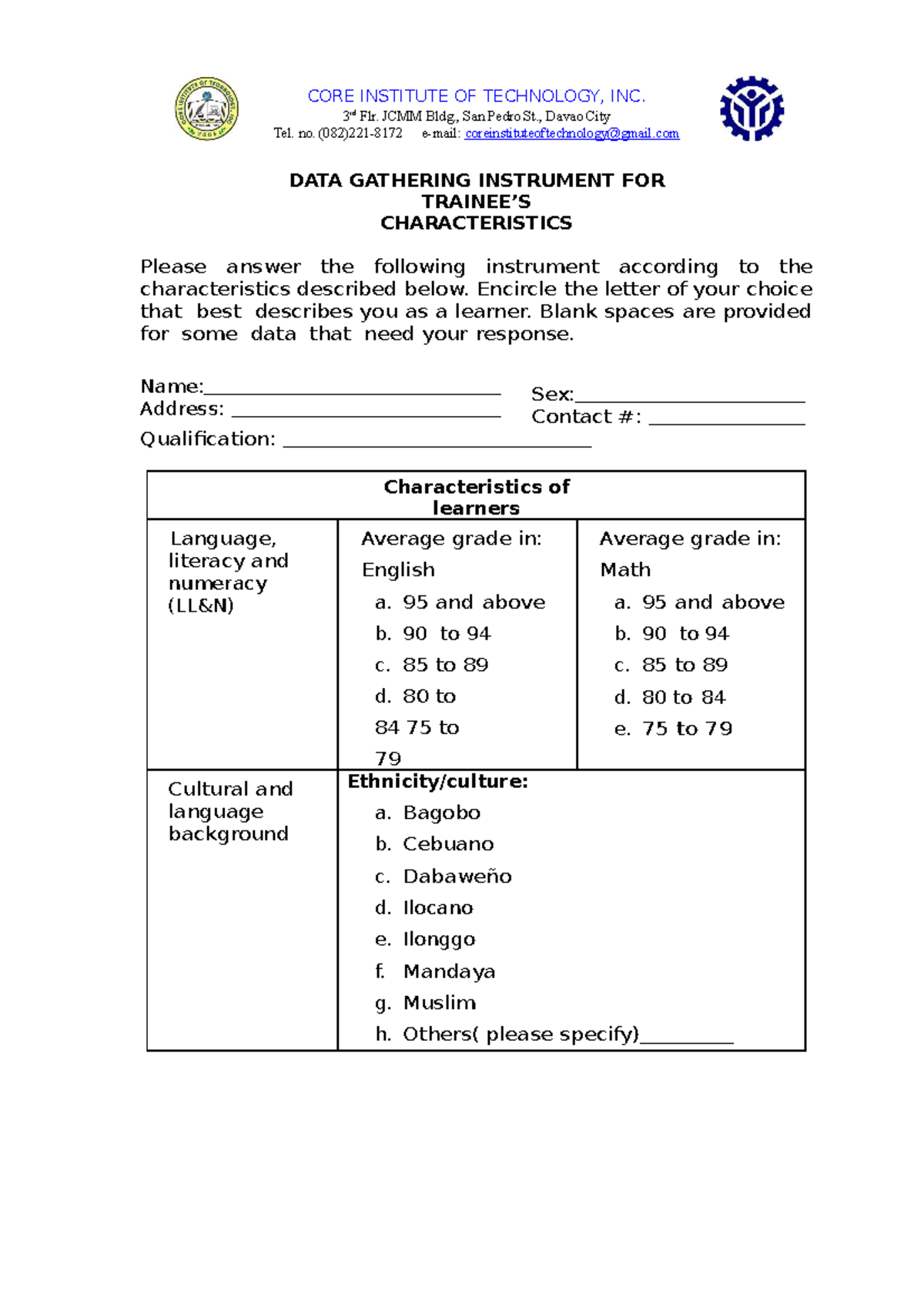 01 DATA Gathering Instrument For Trainees Characteristics DATA