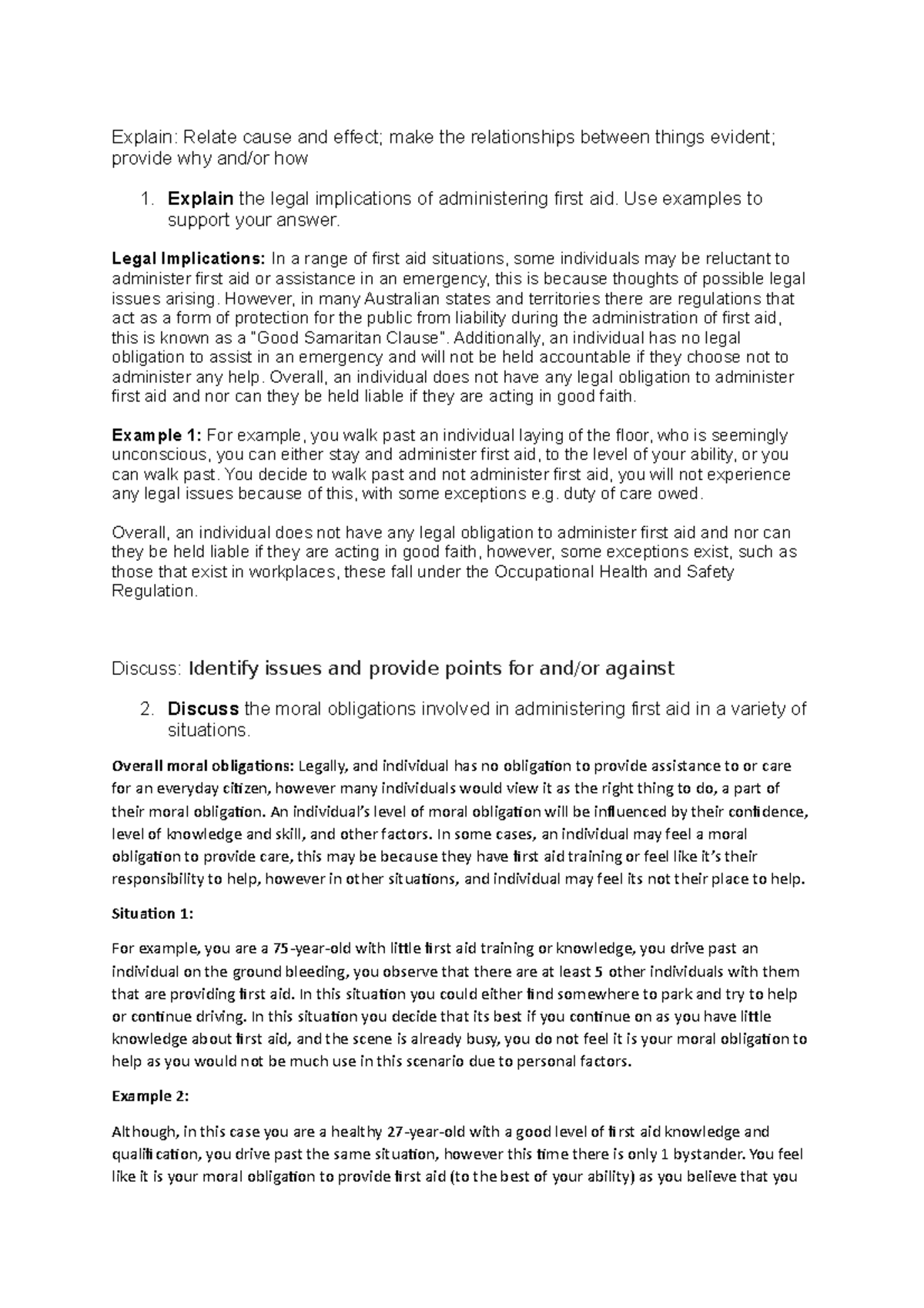 Legal and moral obligation - Explain: Relate cause and effect; make the ...