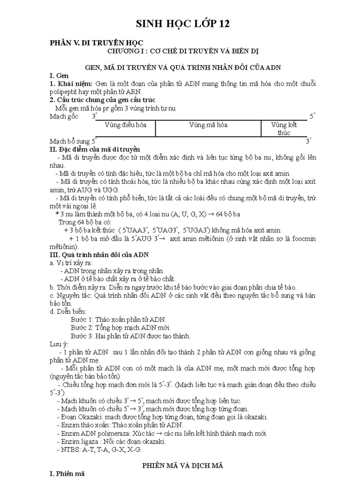 LT SINH HỌC LỚP 12 phần V chương 1 - SINH HỌC LỚP 12 PHẦN V. DI TRUYỀN HỌC CHƯƠNG I : CƠ CHẾ DI ...
