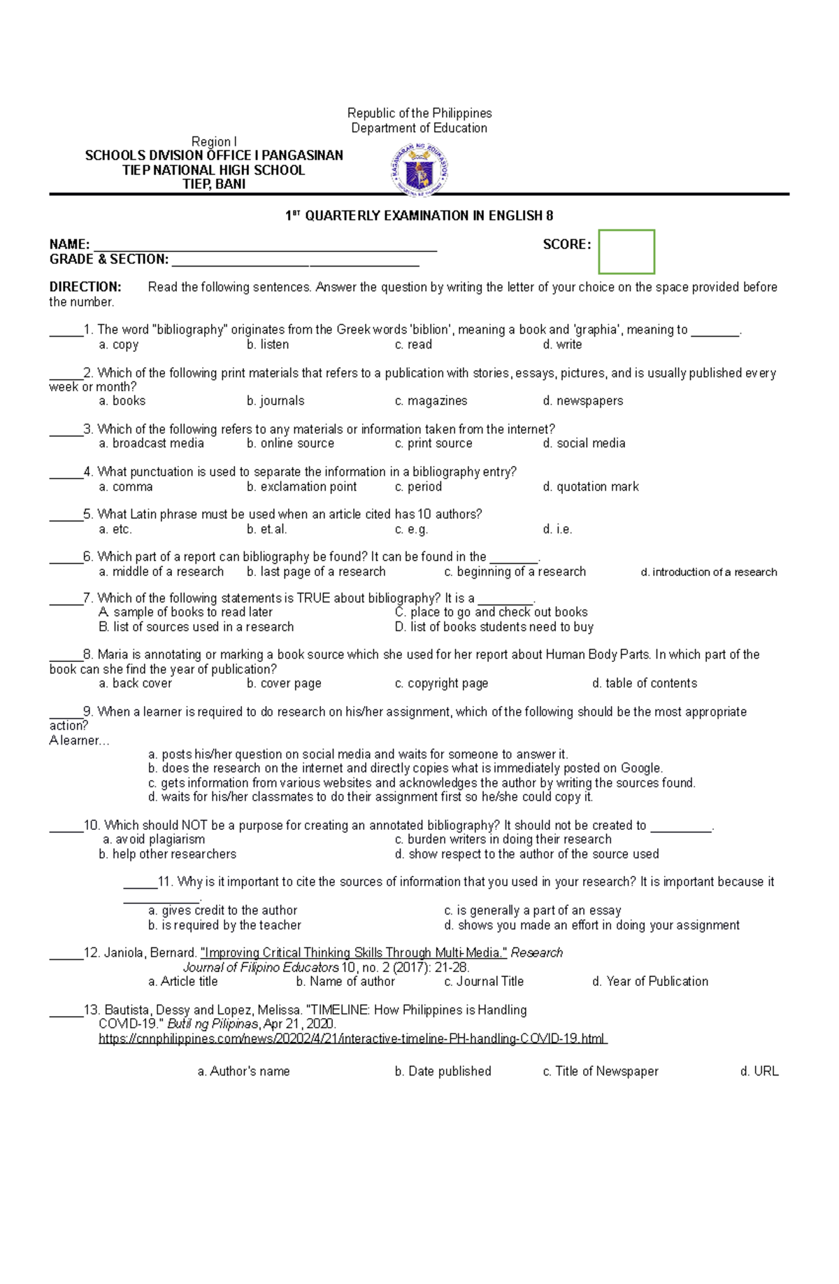 Q1 Exam English 8 - Republic of the Philippines Department of Education ...