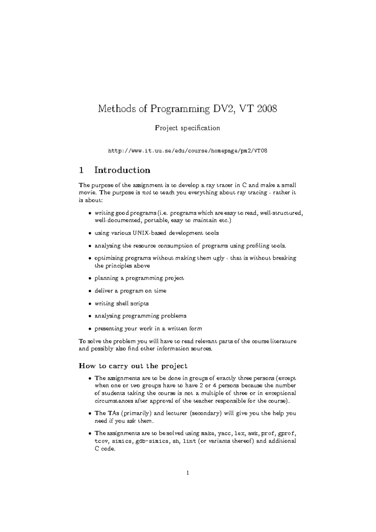 Lecture notes - Project specification - Methods of Programming DV2, VT ...