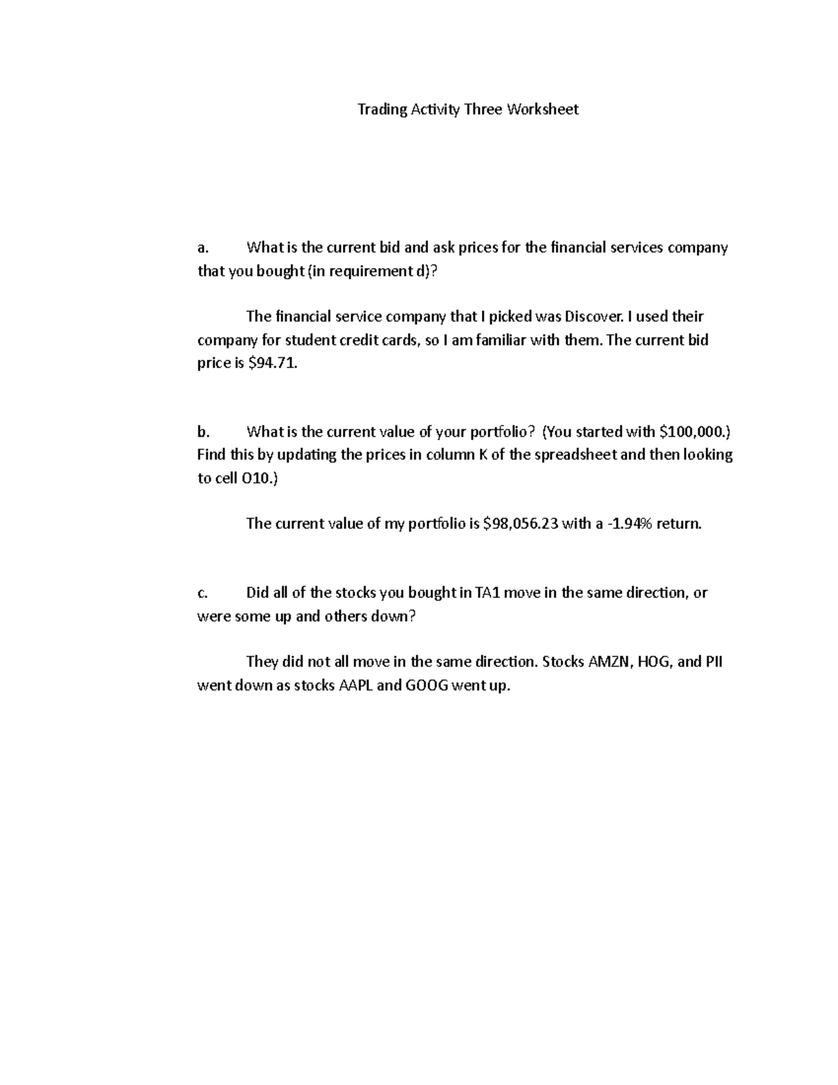 Trading Activity Worksheet Three - Trading Activity Three Worksheet a ...