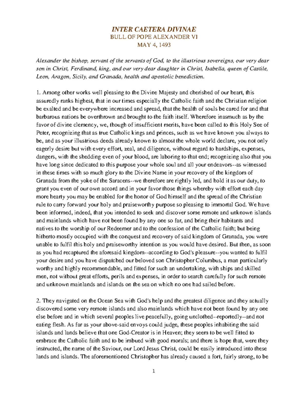 Inter Caetera Divinae - 1 INTER CAETERA DIVINAE BULL OF POPE ALEXANDER ...