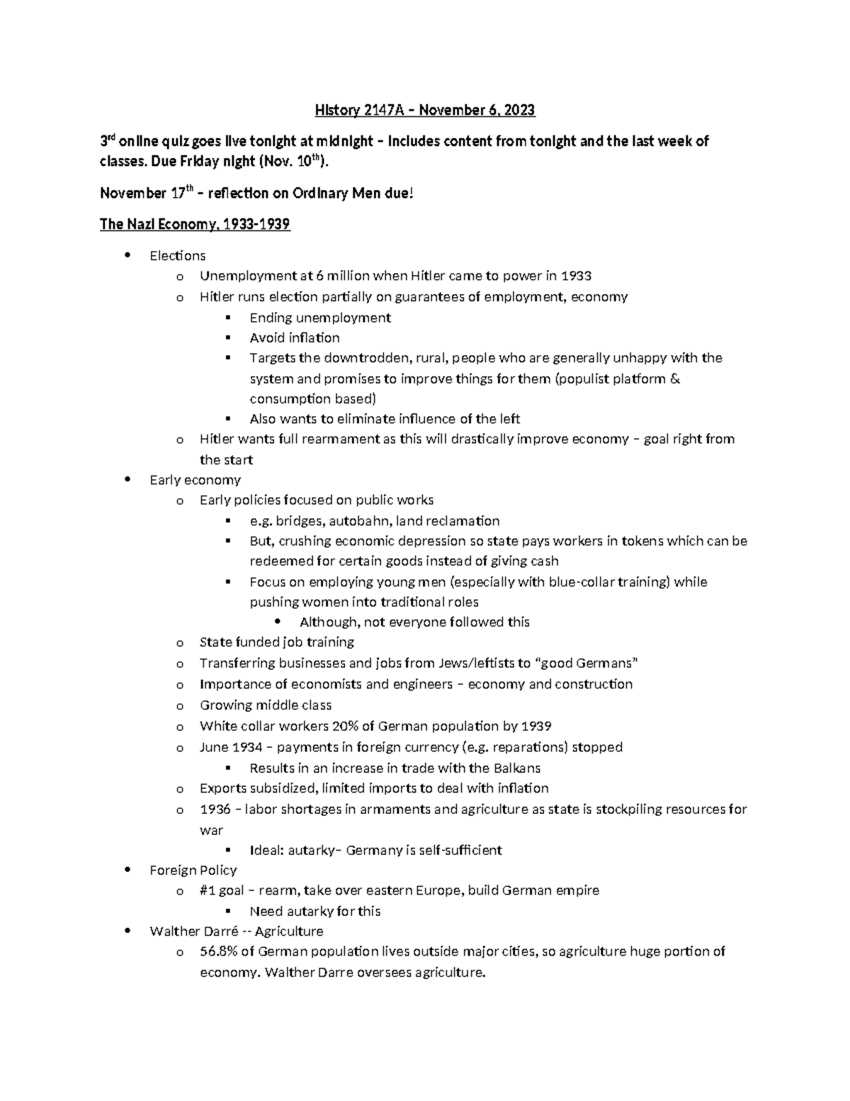 HISTORY 2147 Week 6 Lecture Notes - History 2147A – November 6, 2023 3 ...