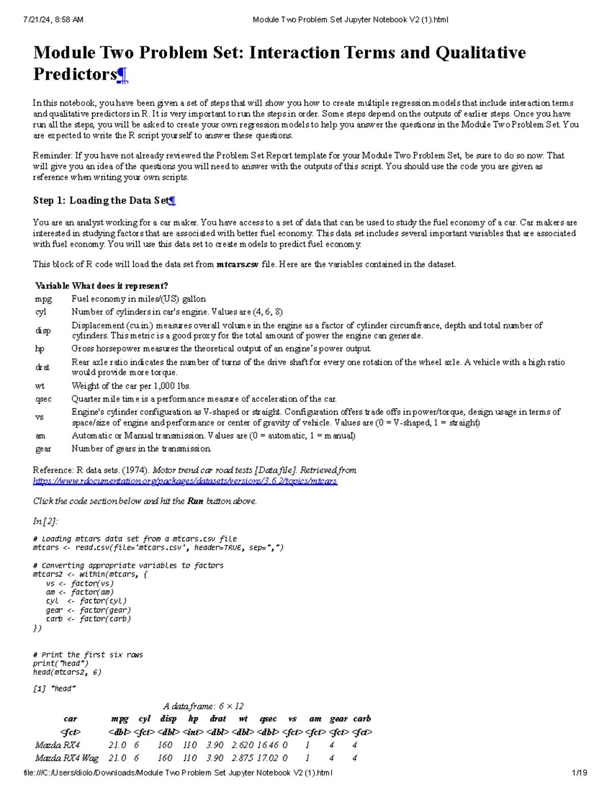 R code week 2 - week 2 r code - Module Two Problem Set: Interaction Terms and Qualitative - Studocu